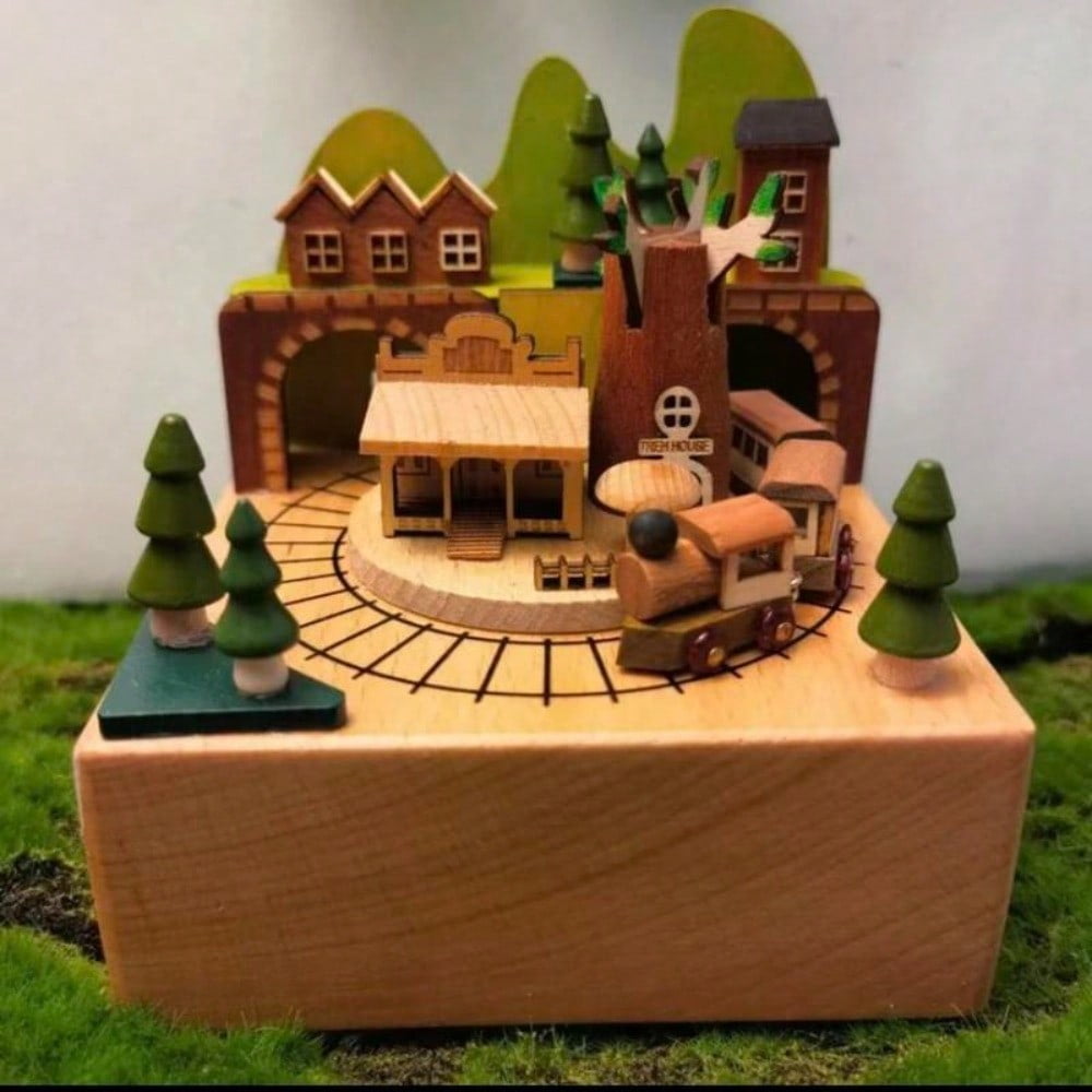 Wooden Music Box ,Country Series Train Dream Fairy Tale Town Music Box ...