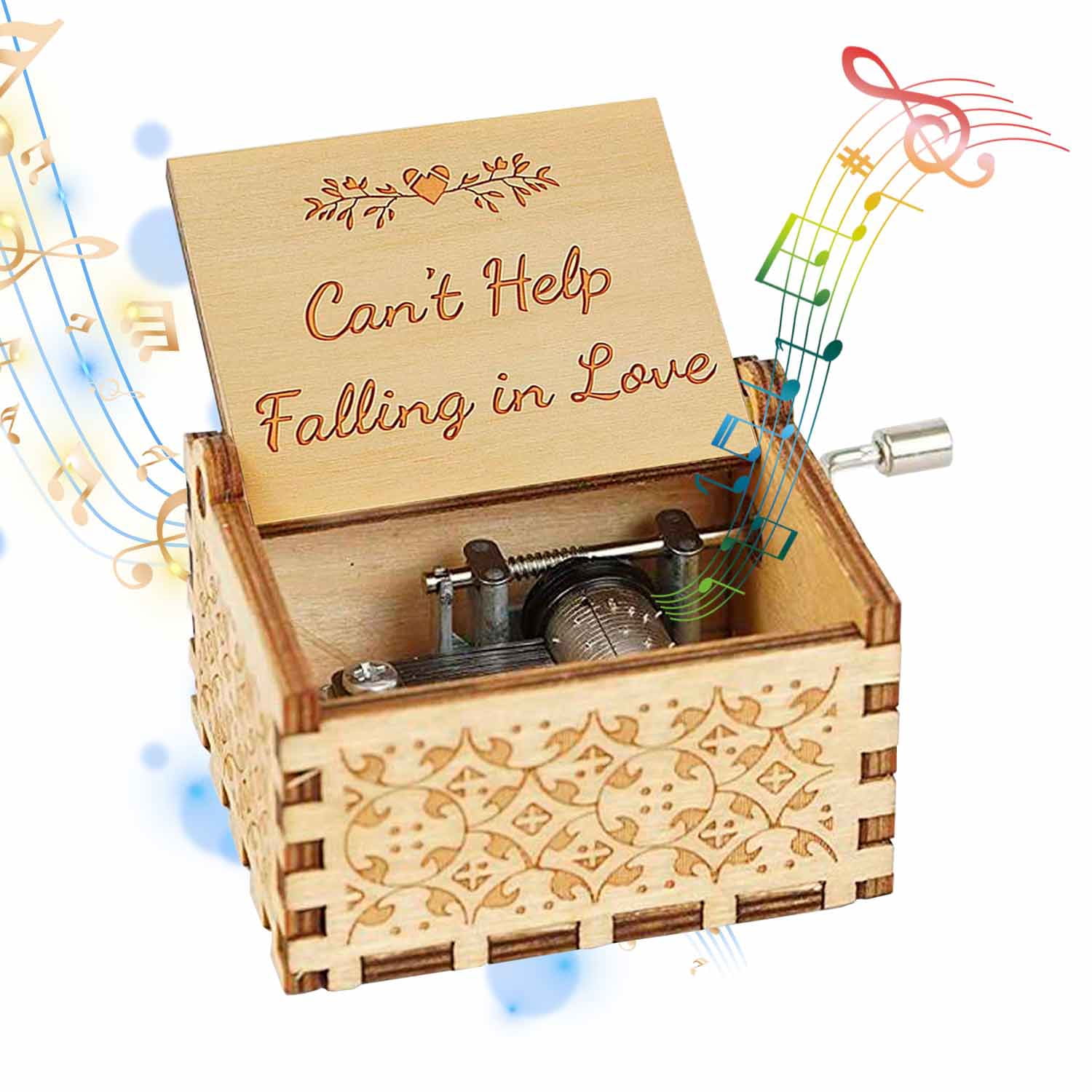 Wooden Music Box, Mini Vintage Hand Crank Music Box Laser Engraved Fall ...