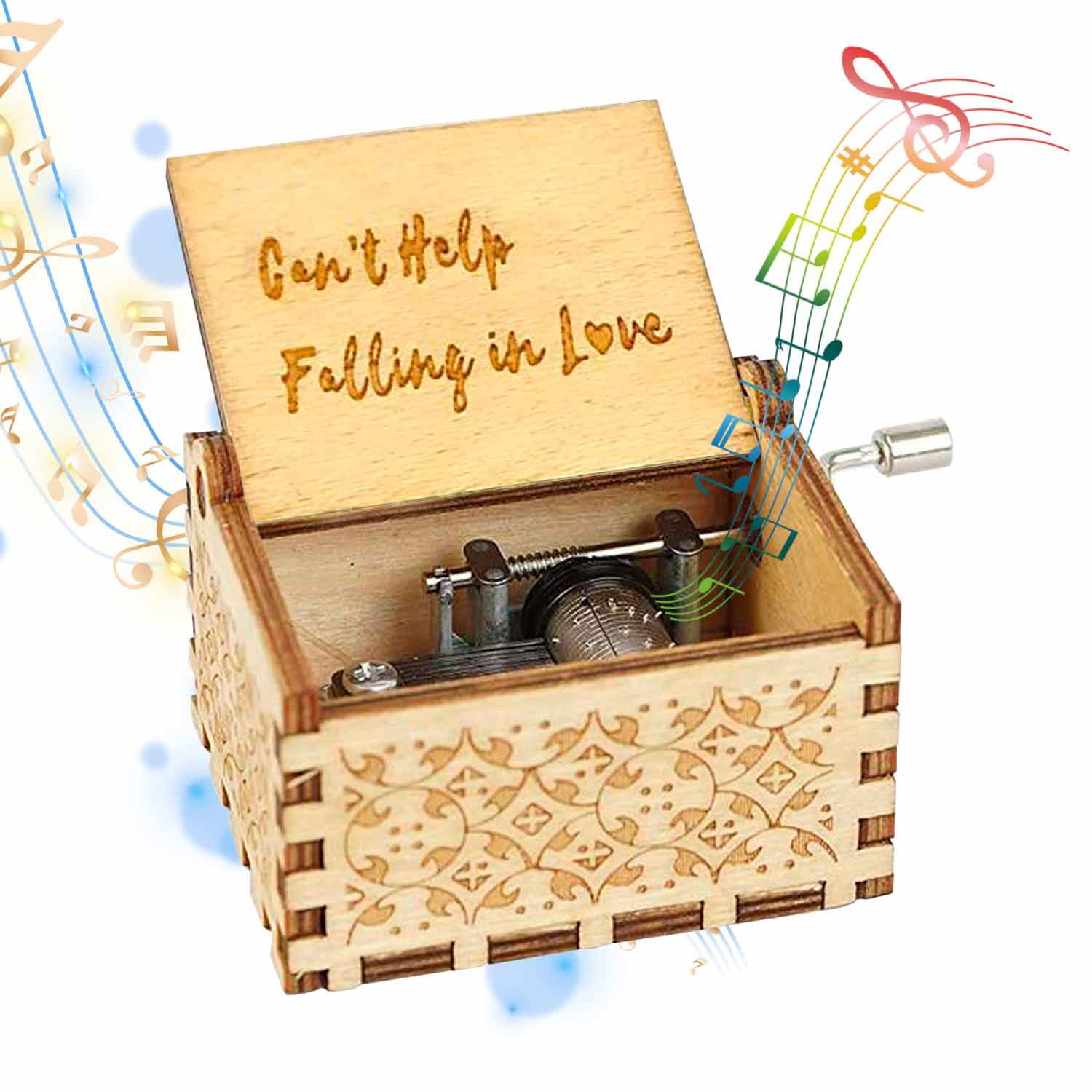Wooden Music Box, Mini Vintage Hand Crank Music Box Laser Engraved Fall ...