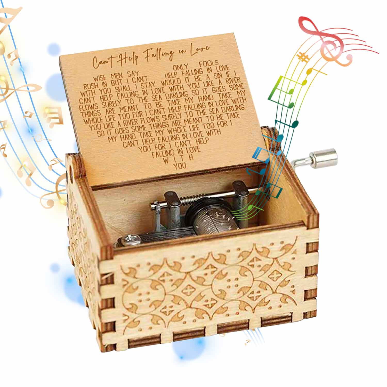 Wooden Music Box, Mini Vintage Hand Crank Music Box Laser Engraved Fall ...