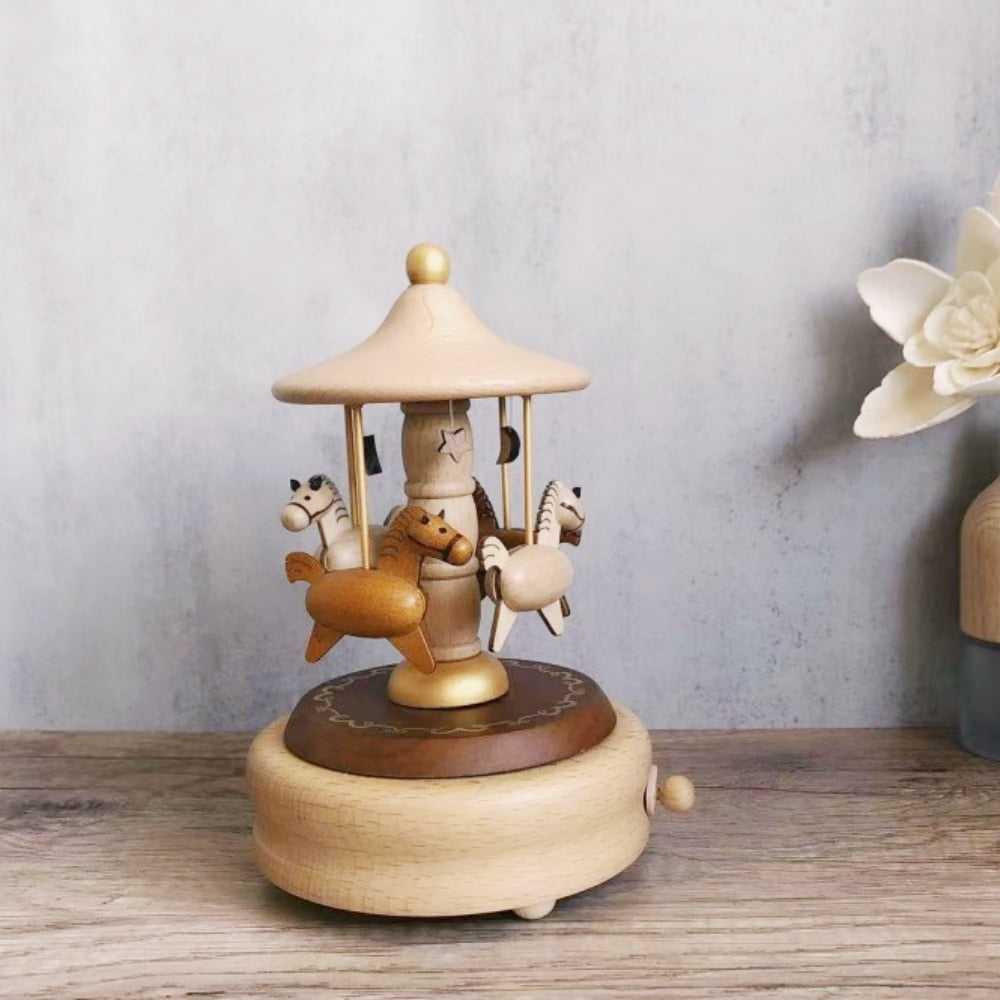 Wooden Music Box Wind Up Cartoon Musical Boxes Carousel Ornaments Kids ...