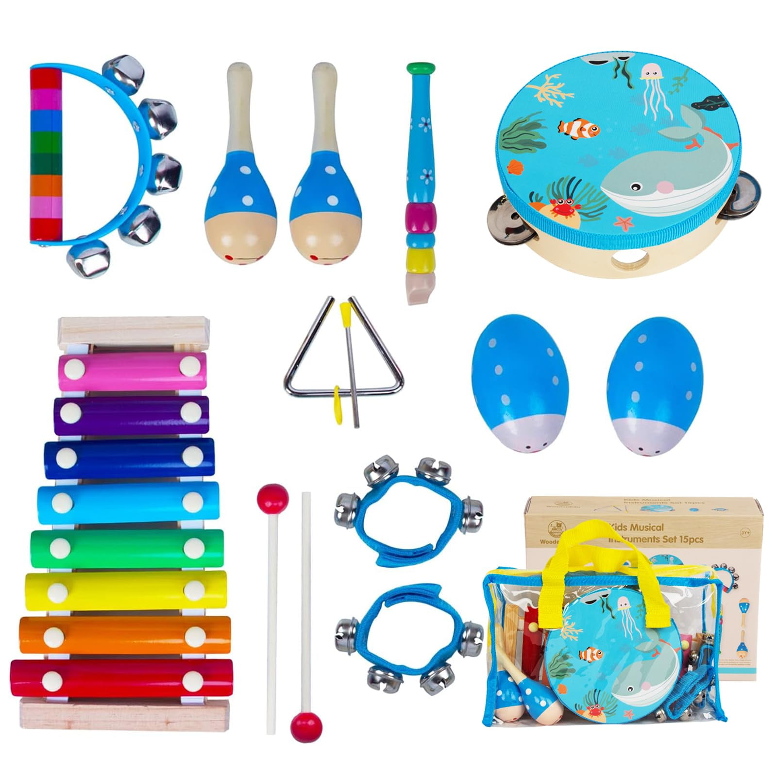 Wooden Musical Instruments Set AIF9 for Toddlers 1-3, Natural Wood ...