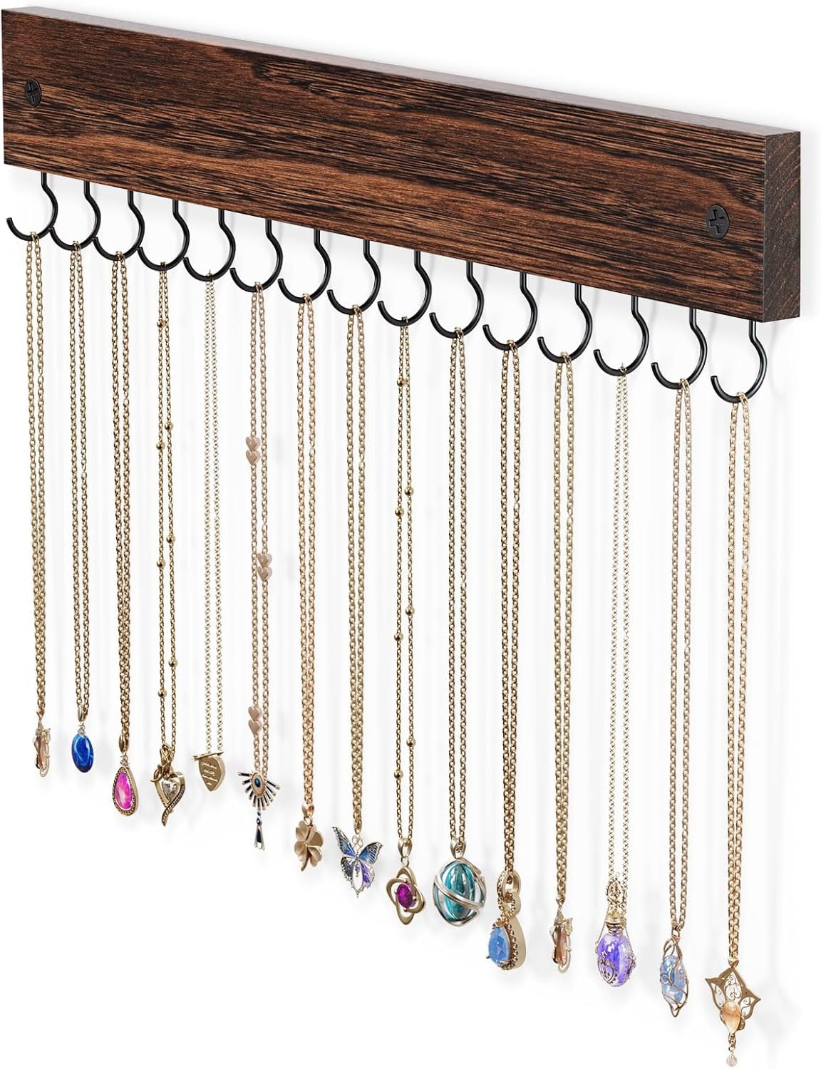 Wooden Necklace Holder For Wall With 15 Hooks, Necklaces Hanger Easy ...