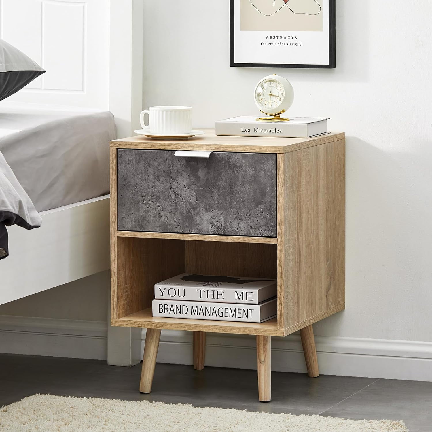 Wooden Night Stand, Wood Bedside Table with 1 Drawer Metal Handle ...