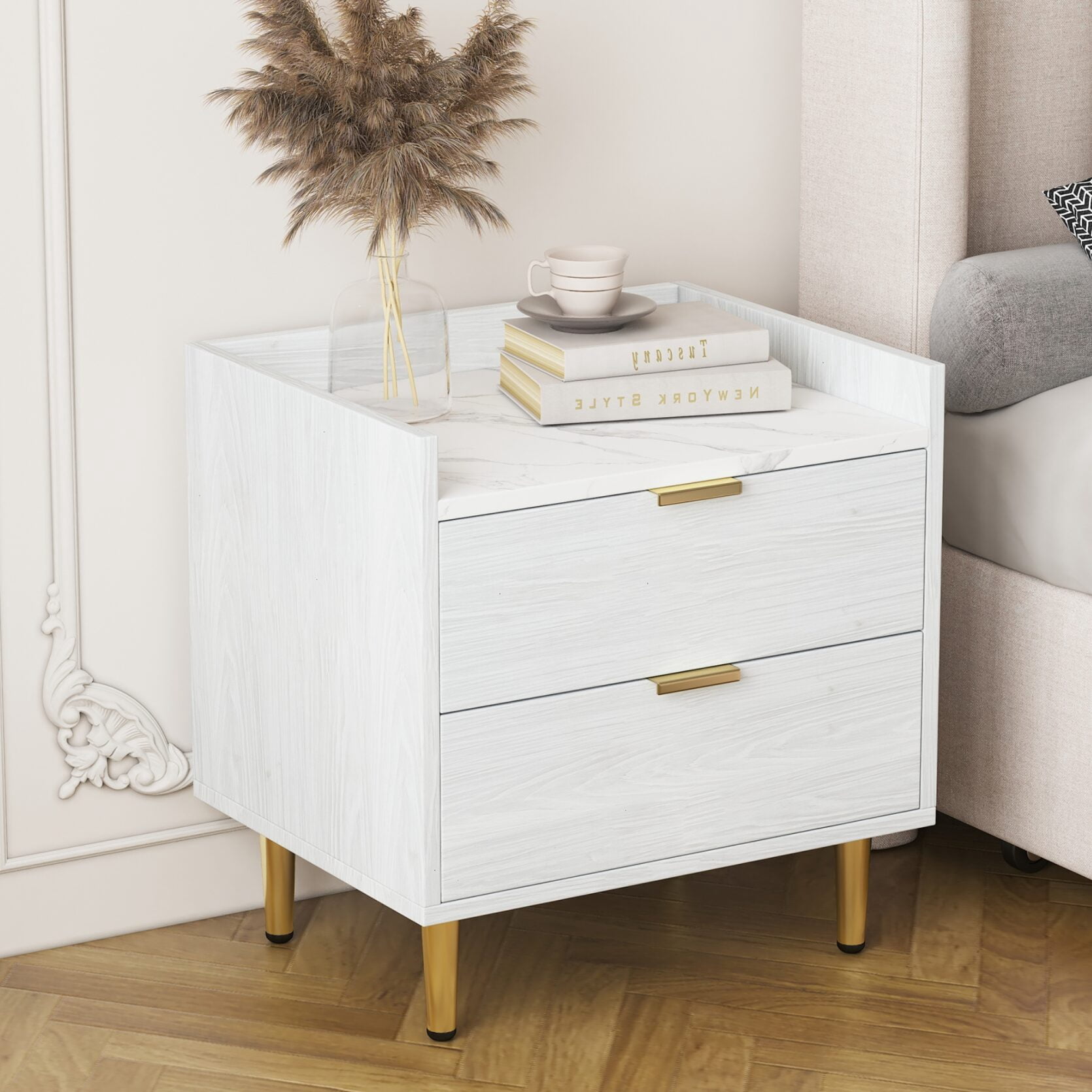 Wooden Nightstand with 2 Drawers and Marbling Worktop, Mordern Wood ...