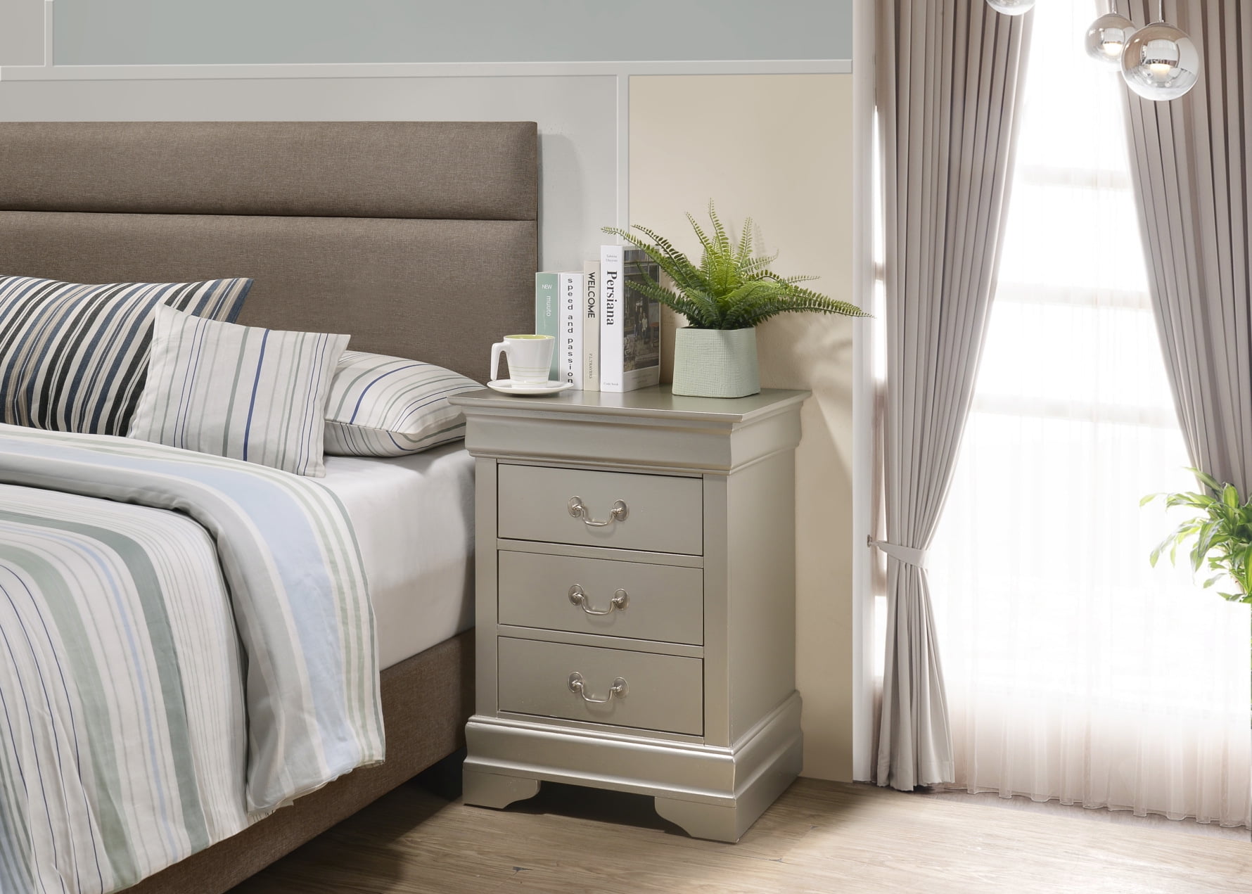 Wooden Nightstand with 3 Drawers and Metal Handles, Bedside Table with ...