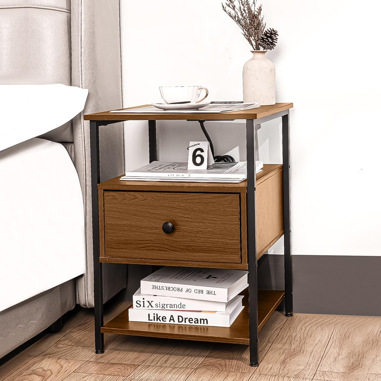 Wooden Nightstand with Charging Station USB Port and Single Drawer ...