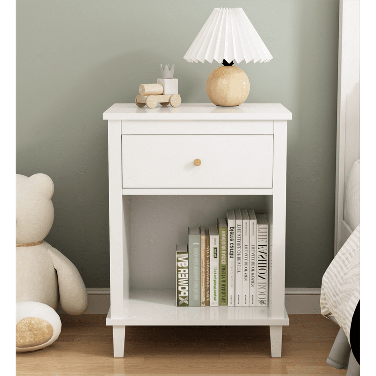 Wooden Nightstand with One Drawer One Shelf Modern Bedside Tables for Kids Adults White