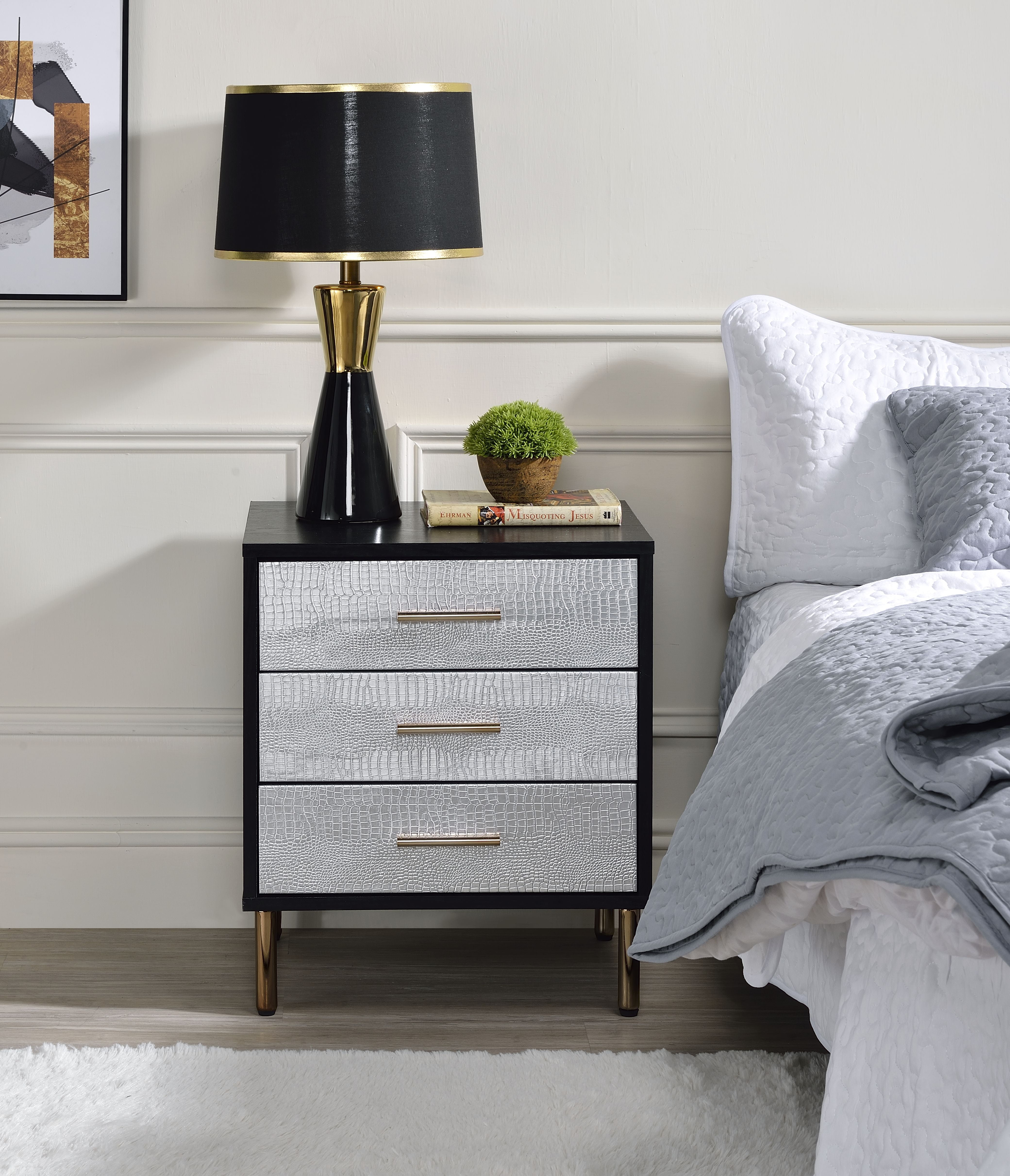 Wooden Nightstands, Myles Black, Silver & Gold Finish Nightstand, Black ...