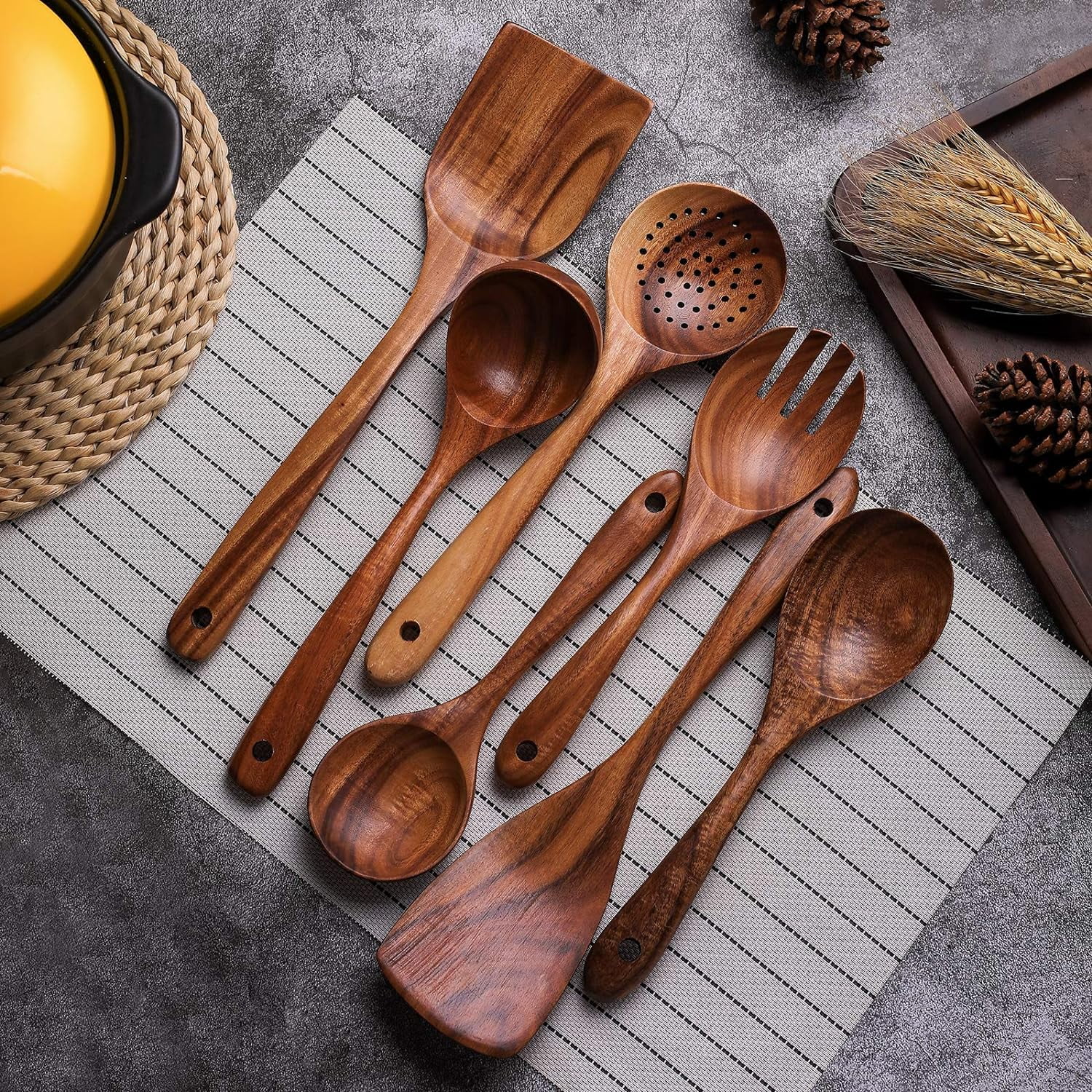 Wooden Non-Stick Kitchen Pan Toolset 7 Pieces Set,100% Natural Teak ...