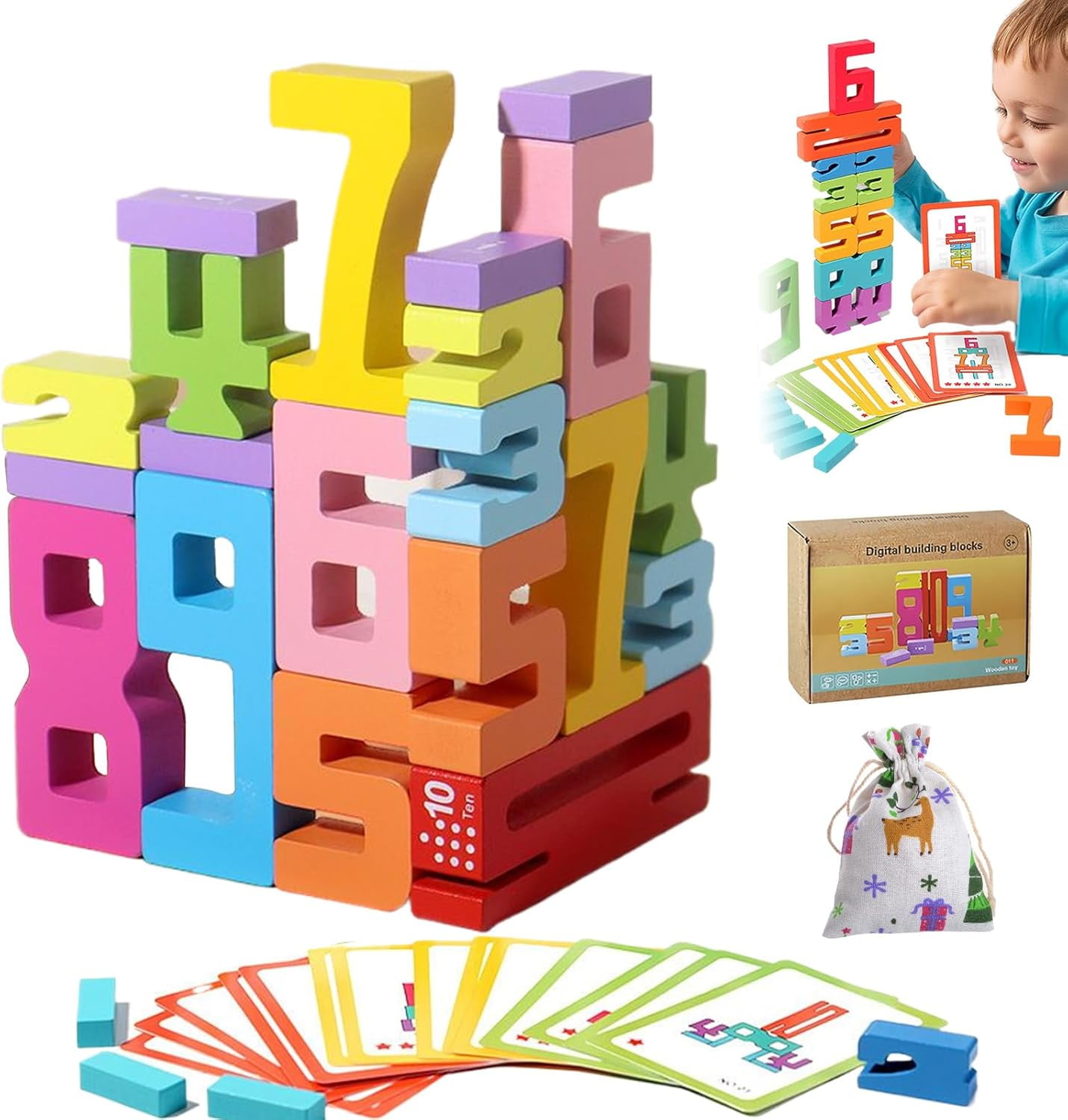 Wooden Number Building Blocks, Montessori Wooden Number Blocks, Sensory ...