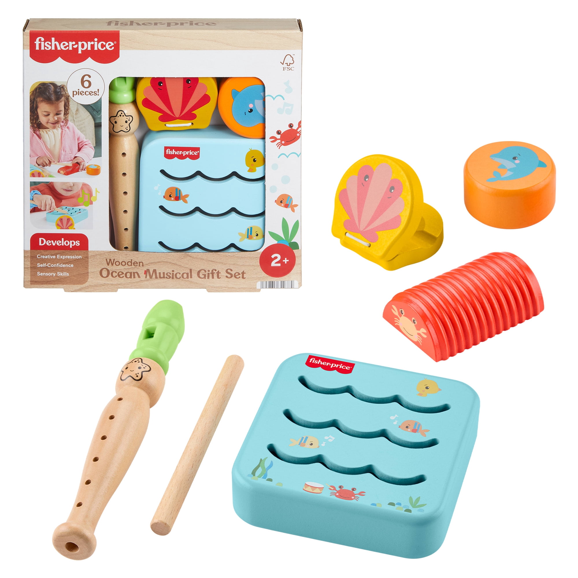 Fisher-Price Wooden Ocean Musical Gift Set for Toddlers & Kids, 6 Wood ...