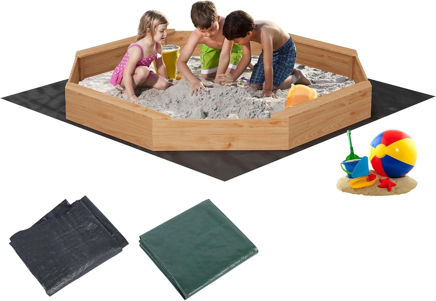 Wooden Octagon Sandbox with Cover, Outdoor Sand Box with 4 Seats, Nylon ...
