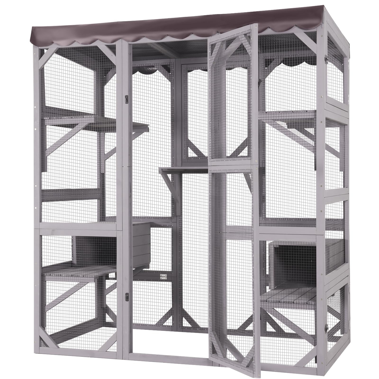 Wooden Outdoor Cat Enclosure with Condos and Waterproof Roof, Large ...