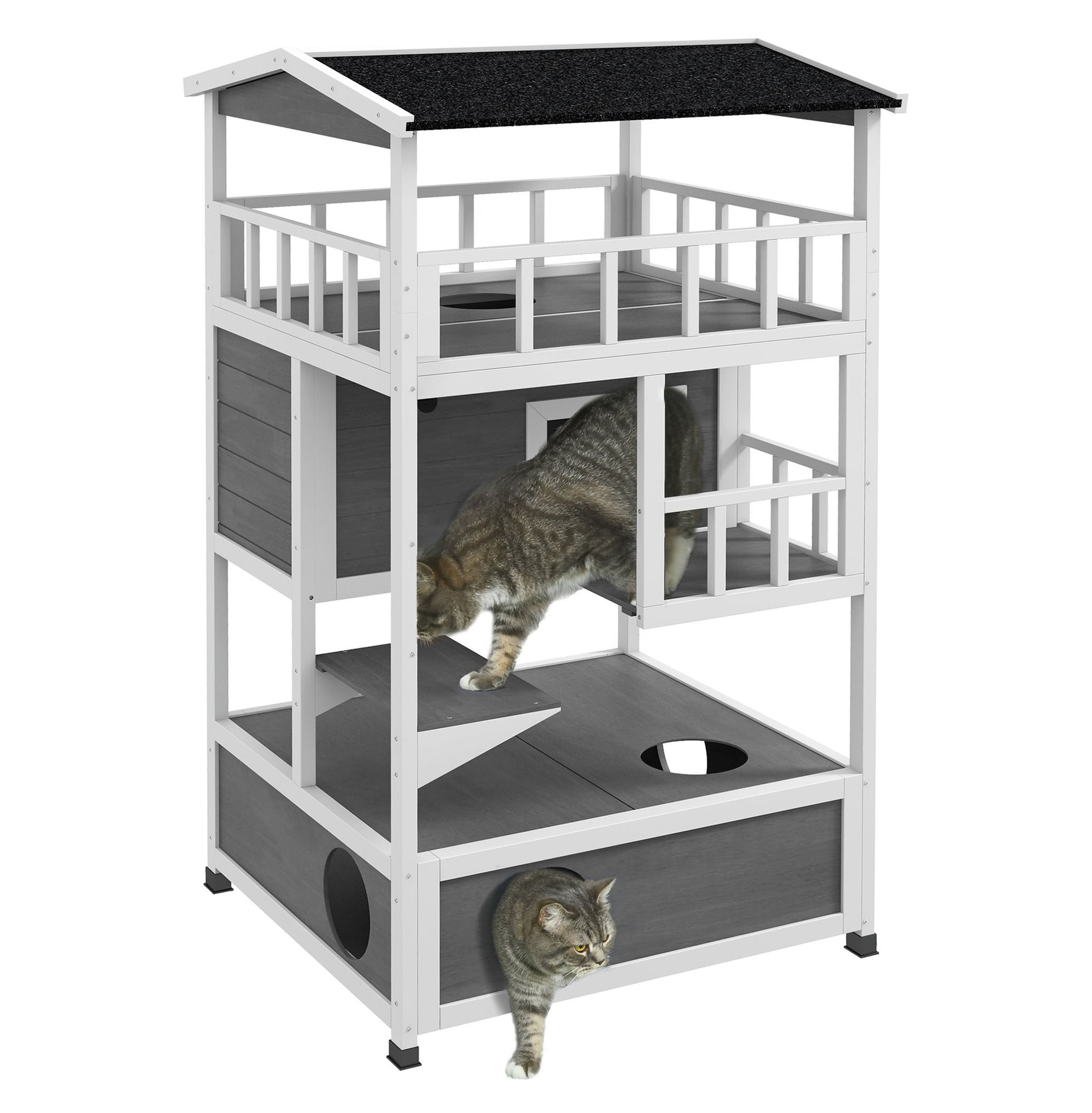 Wooden Outdoor Cat House, Feral Cat Shelter Kitten Condo with Asphalt ...