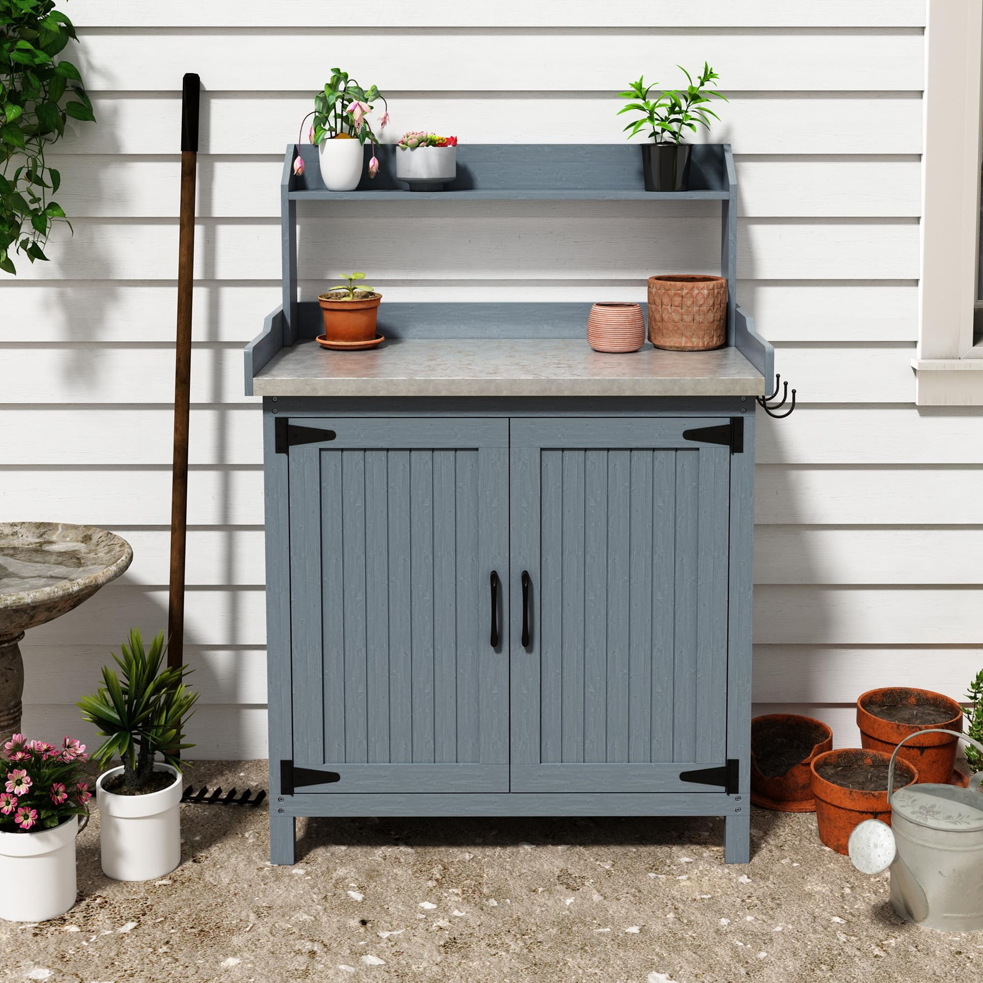 Wooden Outdoor Potting Bench with Metal Tabletop, Gardening Work Table ...
