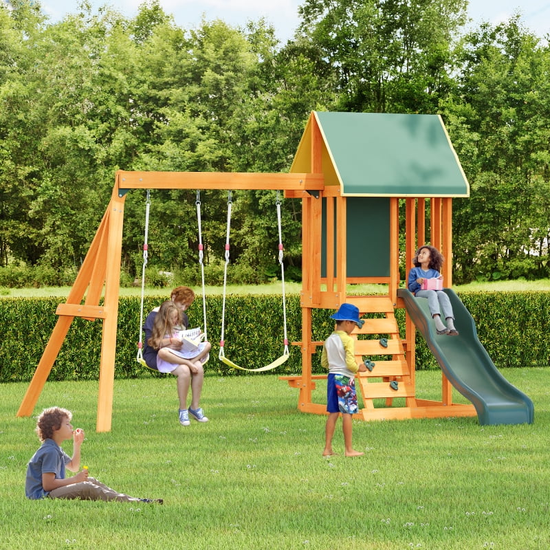 Wooden Outdoor Swing Set 3-in-1 Swing Set Outdoor Children's Slide 2 ...