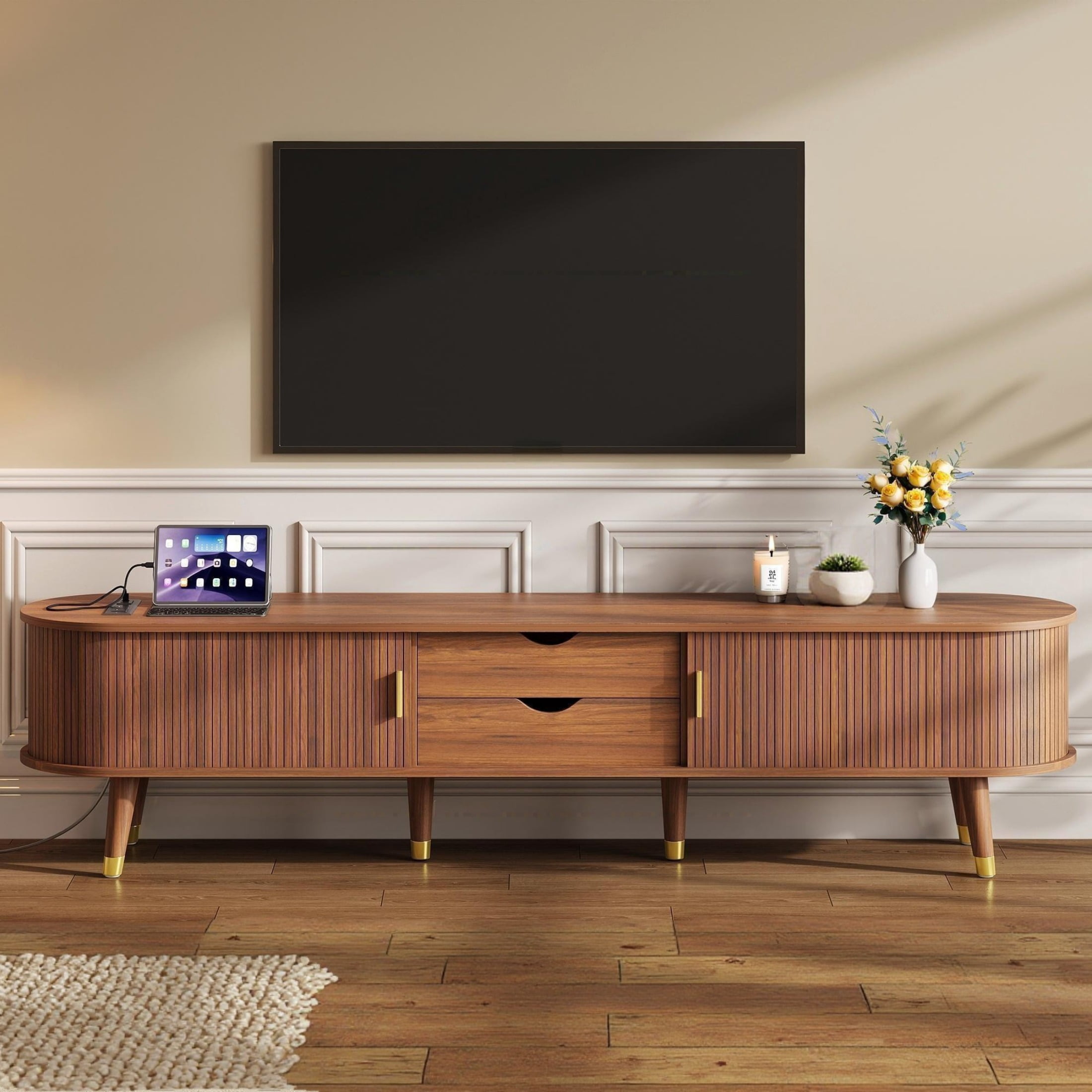Wooden Oval TV Stand for TV up to 80", Entertainment Center with ...
