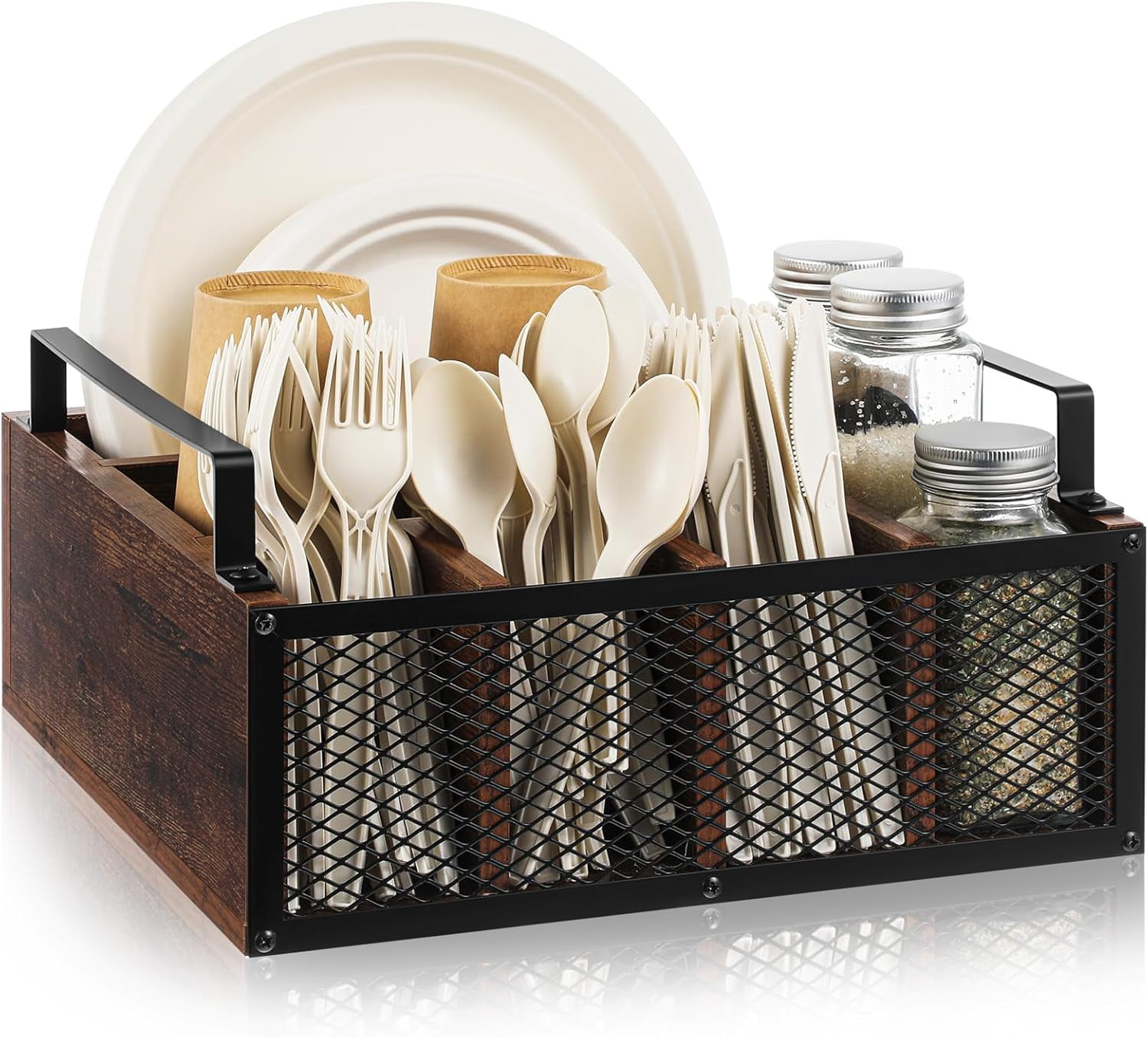 Wooden Paper Plate Dispenser Utensil Holder Kitchen Counter Cutlery ...