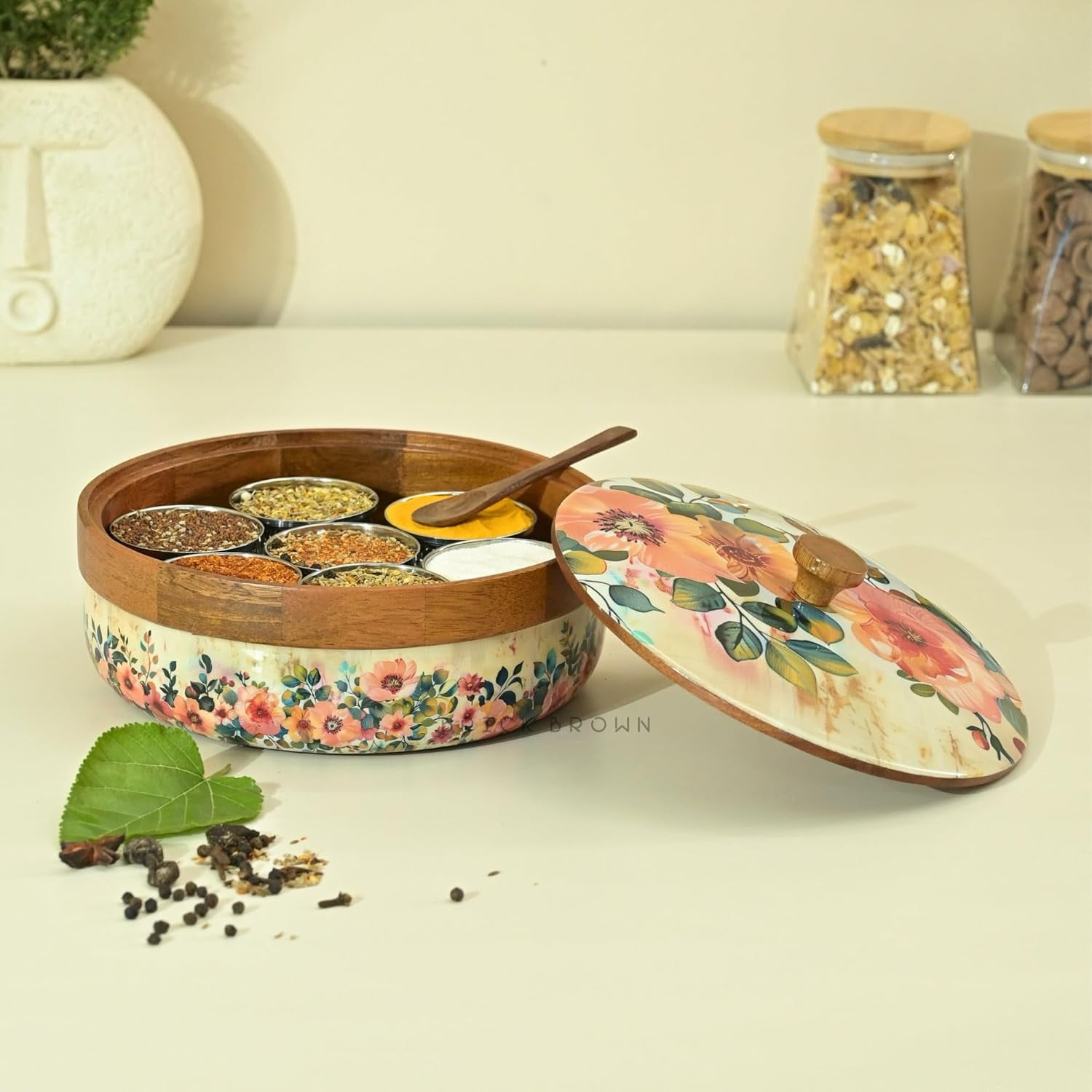 Wooden Pastel Flora Enamel Coated Masala Box for Kitchen | Spice Box ...