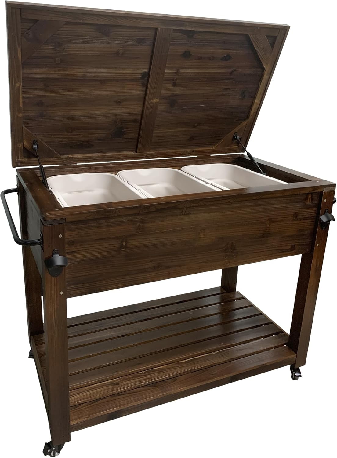 Wooden Patio Cooler with Wheels, Handles and Bottle Opener, 100-Quart ...