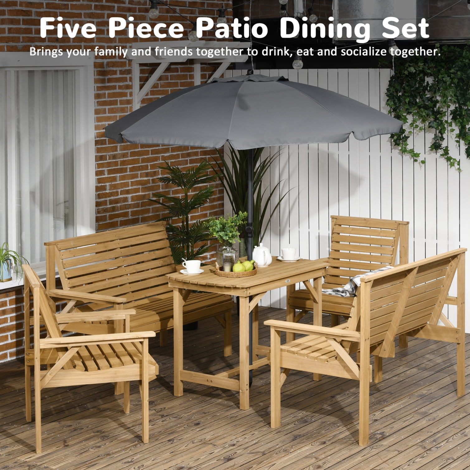 Wooden Patio Dining Table Set for 6, Outdoor Conversation Set with 2 ...
