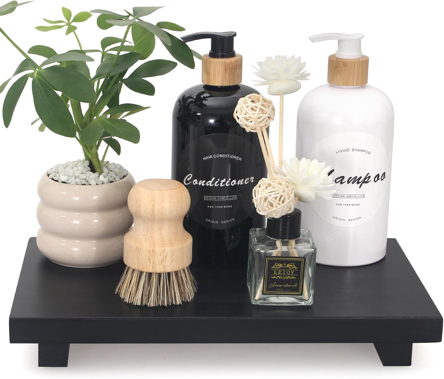 Wooden Pedestal Stand Black Bathroom Counter Organizer Tray Decor ...