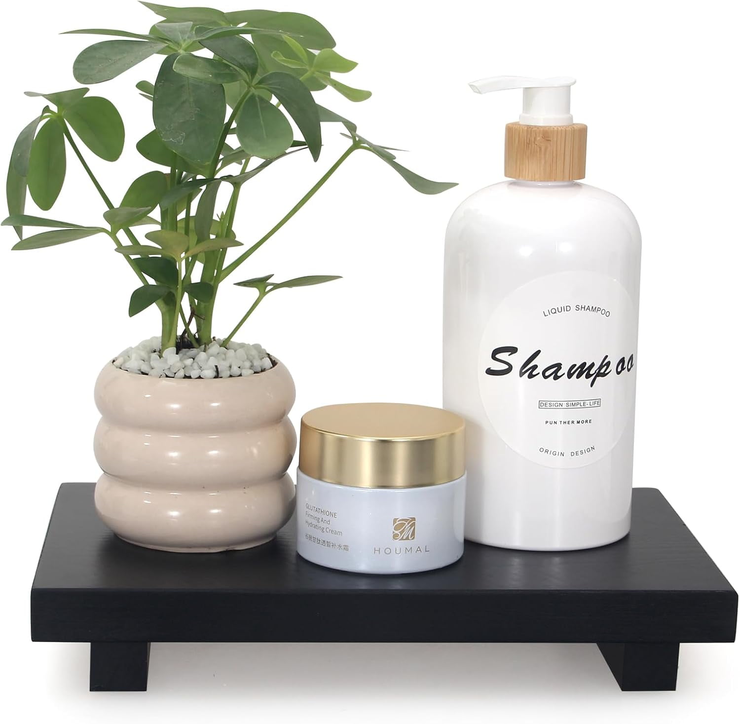 Wooden Pedestal Stand Black Bathroom Counter Organizer Tray Decor ...