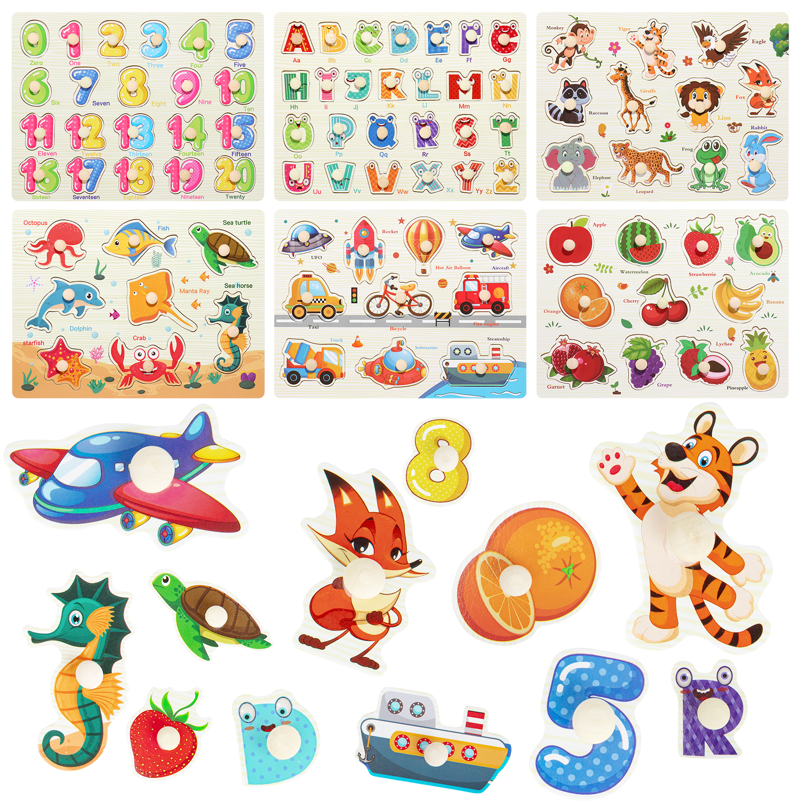 Xueyu Wooden Peg Puzzles for Toddlers, 6 pack Educational Peg Puzzles ...