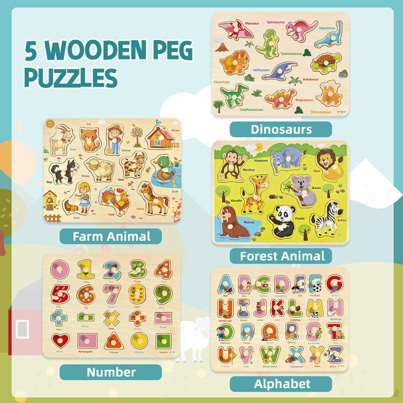 Wooden Peg Puzzles for Toddlers 1 2 3 4, 6 Pack Educational Peg Puzzles ...