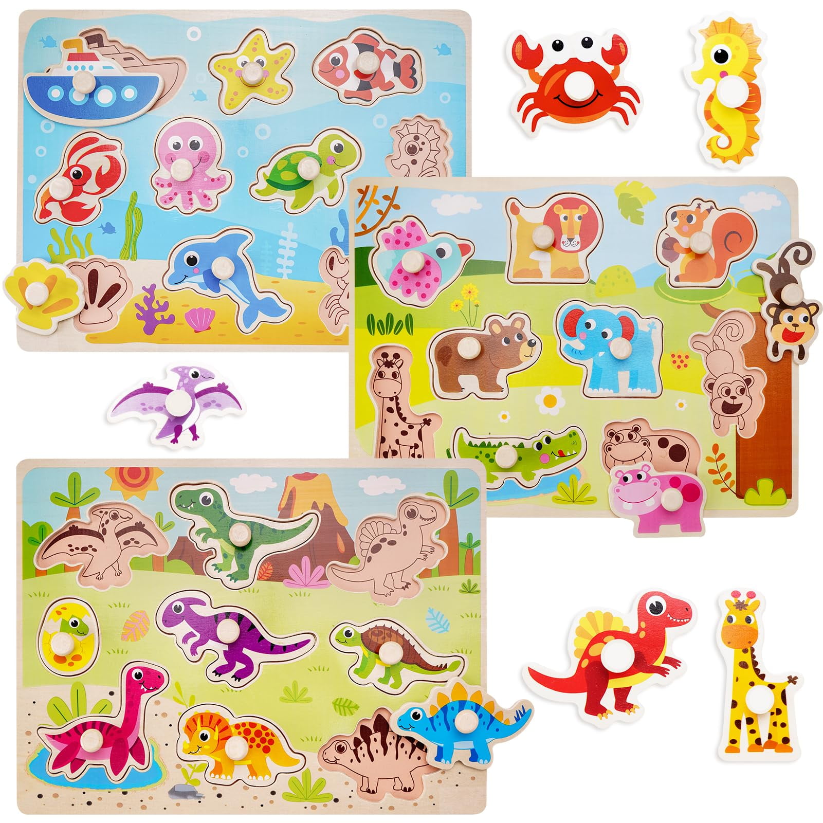 Wooden Peg Puzzles for Toddlers 1-3, Montessori Learning Educational ...
