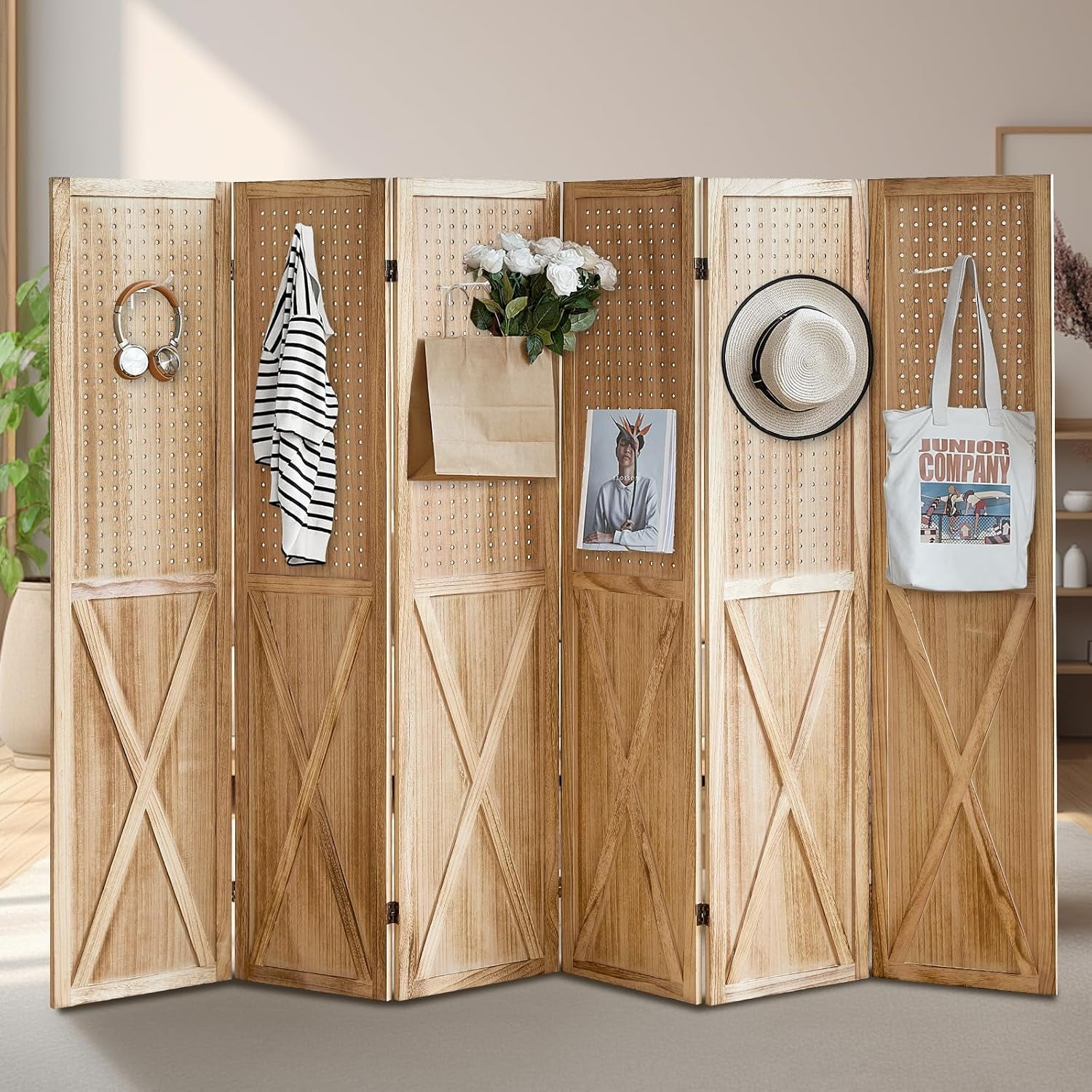 Wooden Pegboard Display with Hooks and Shelf, Rustic Room Divider Wall ...