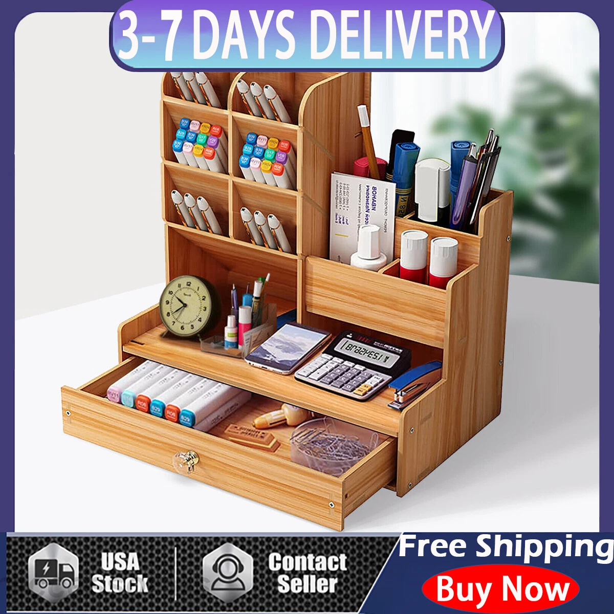 Wooden Pen Pencil Storage Holder Case Rack Organizer Office Desk Tidy ...