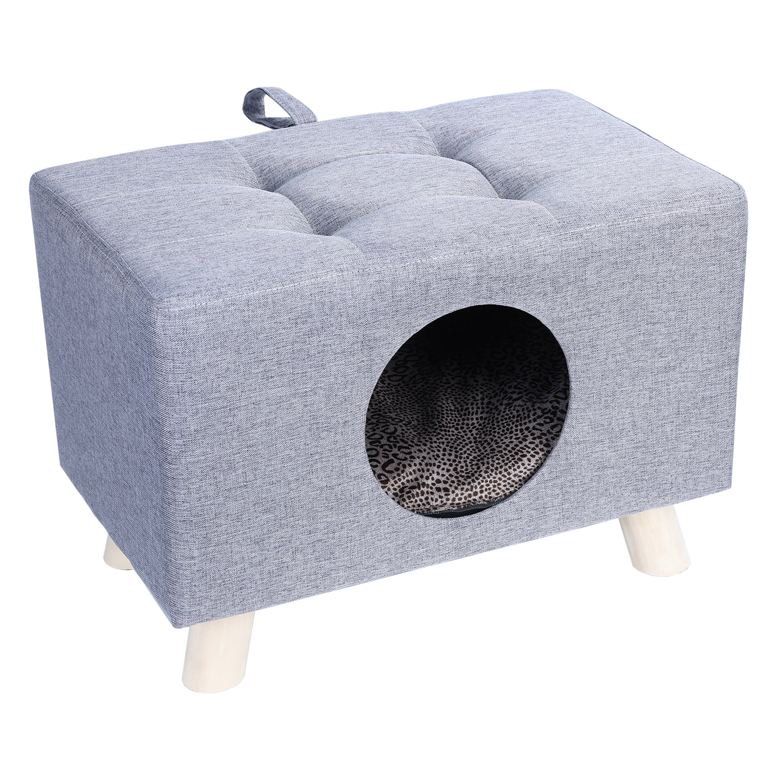 Wooden Pet House Bench - 2-in-1 Cat Cave & Foot Rest Stool with ...