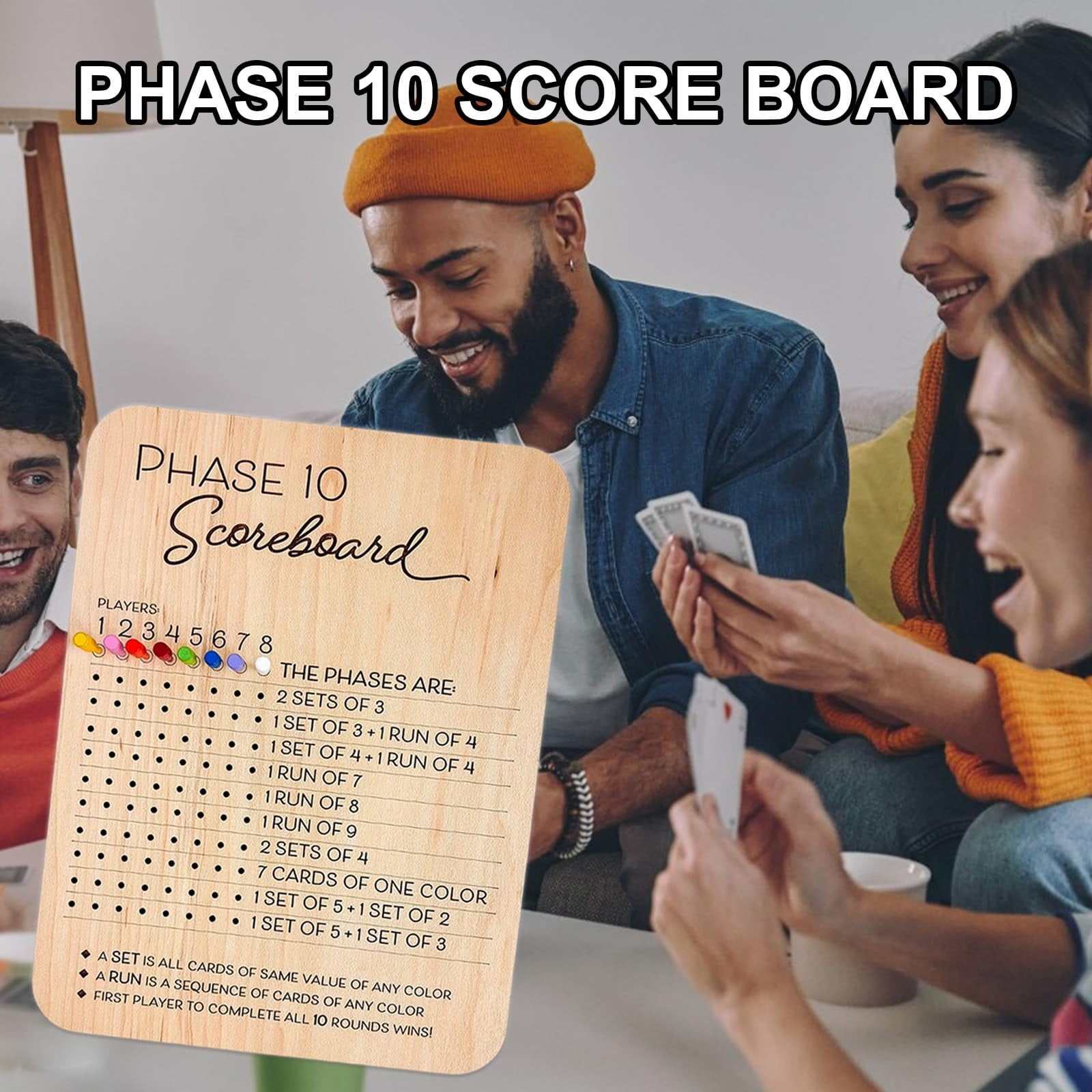 Wooden Phase 10 Scoreboard with 8 Colored Pegs, Round Tracker for Card ...