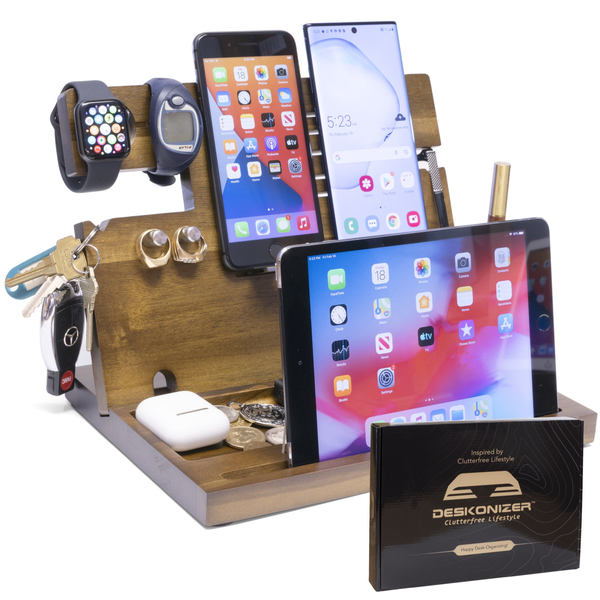 Wooden Phone Docking Station Key Holder Wallet Stand Watch Organizer ...