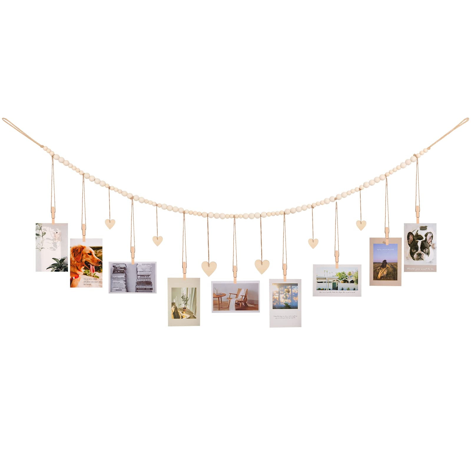 Wooden Photo Hanger with Clips, 9 Clips and 6 Heart Tags for Wall ...