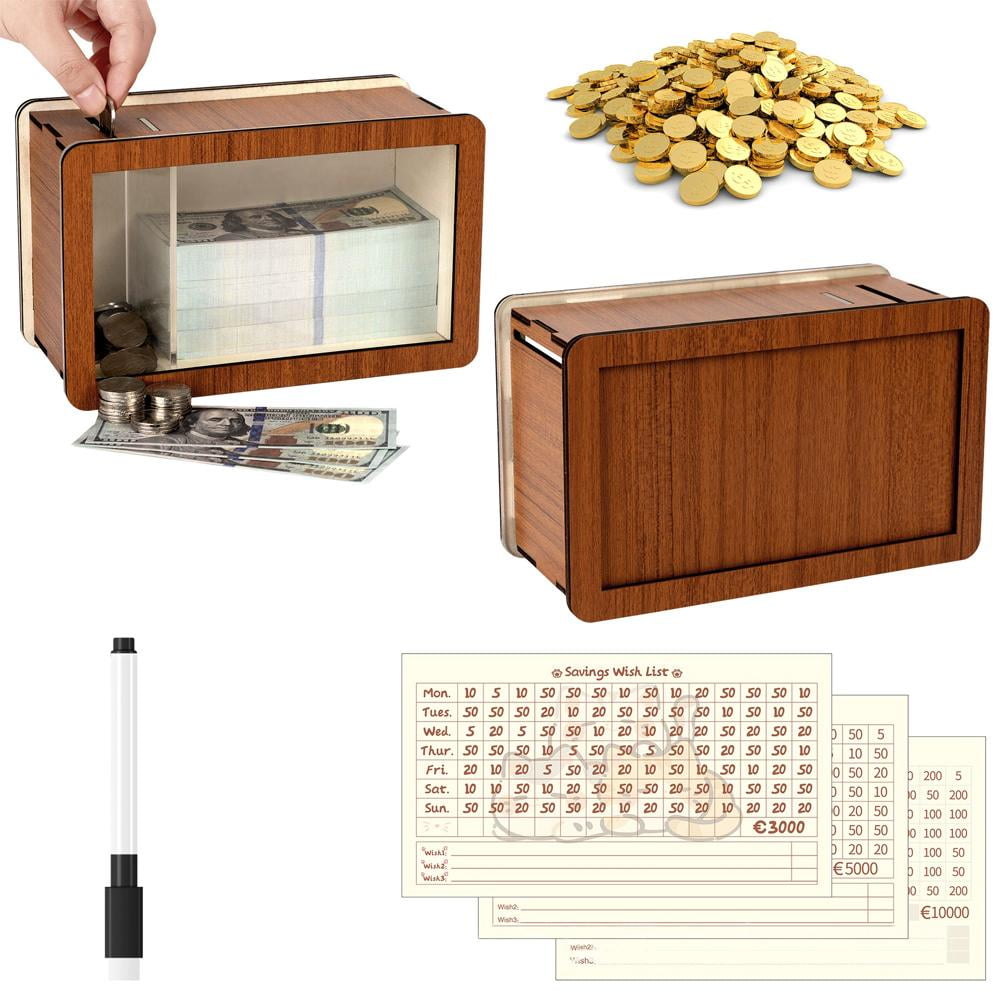 Wooden Piggy Bank Cash Box Money Bank With Coter Money Challenge Box ...