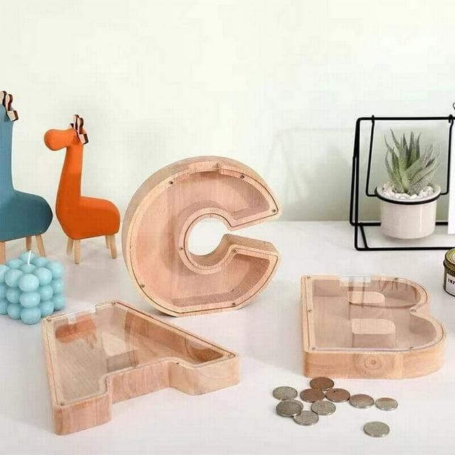Wooden Piggy Bank Letter-Shaped Money Box Coin Saving Pot Kids Gift ...