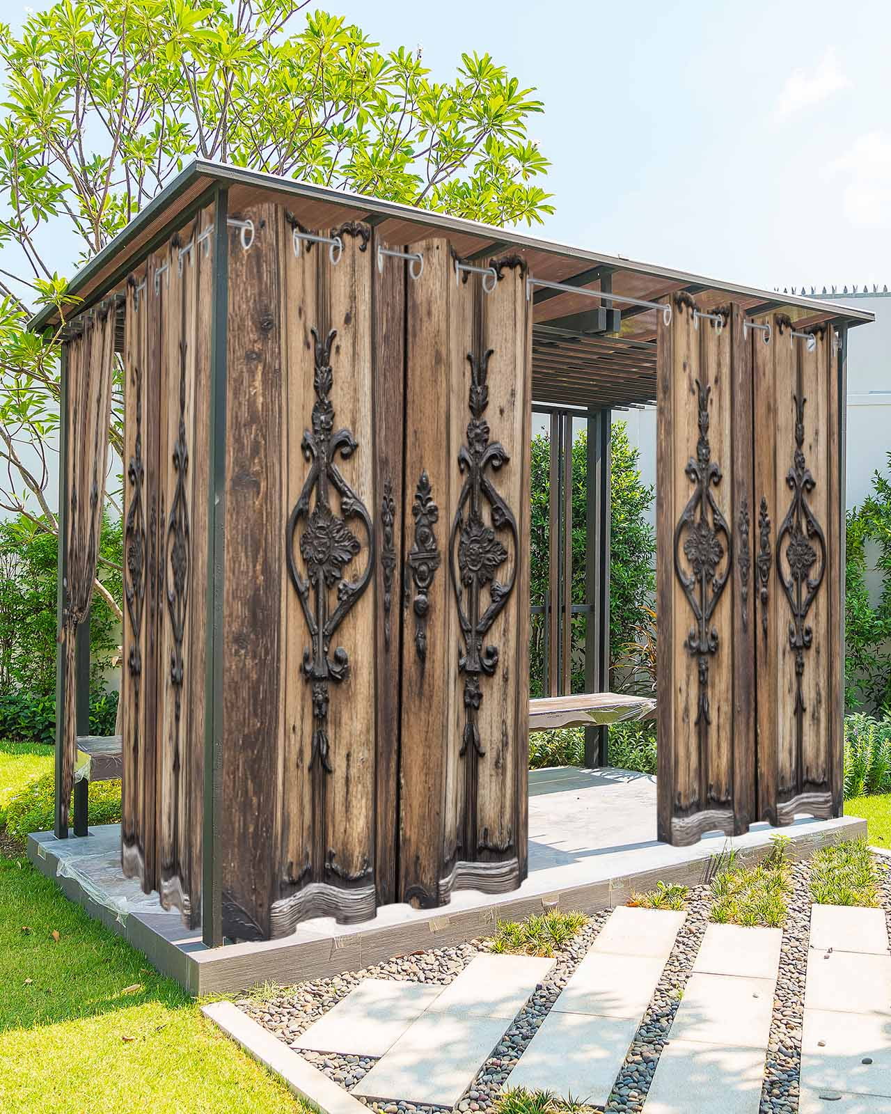 Wooden Plank Outdoor Curtains for Patio Waterproof,Rustic Farmhouse ...