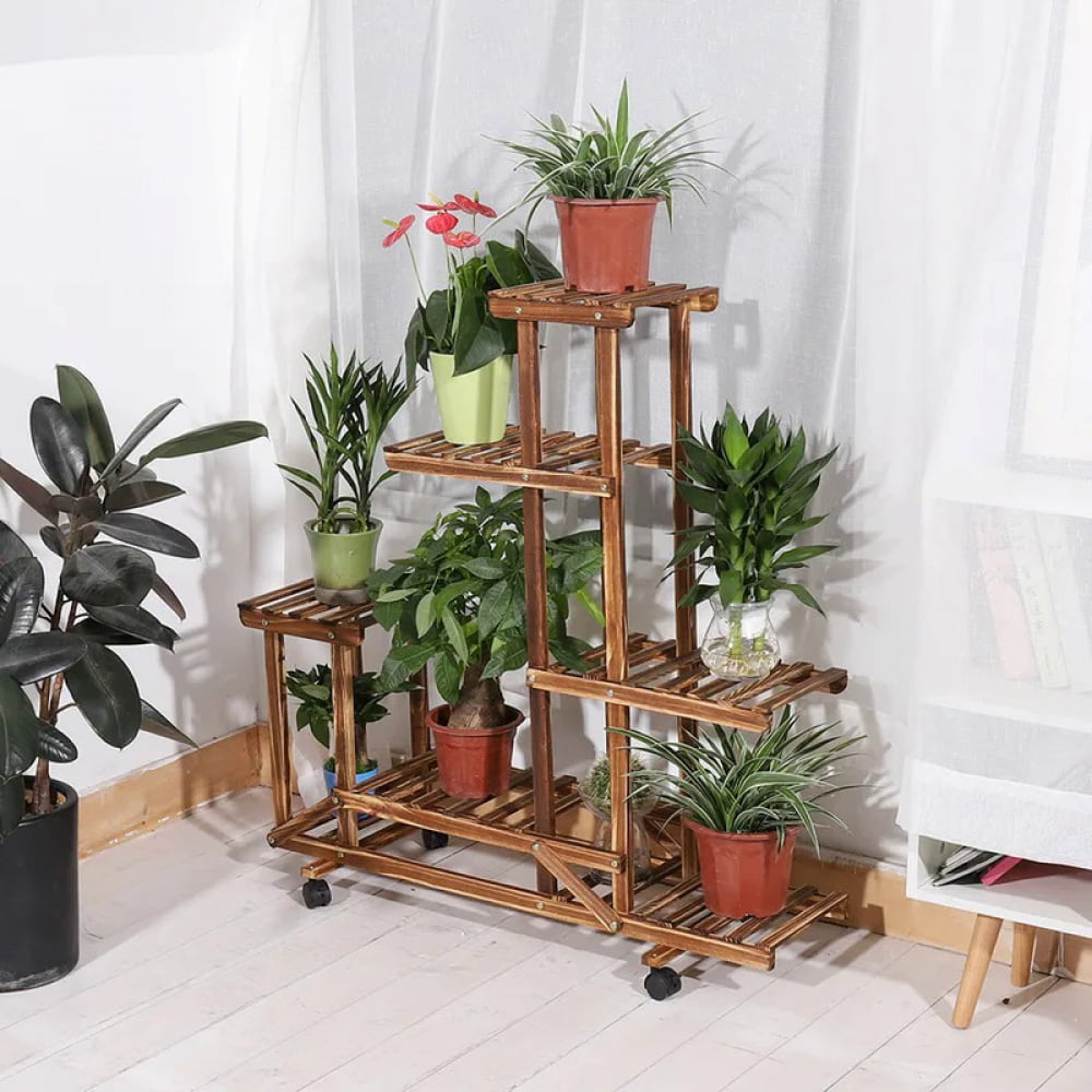Wooden Plant Stand with Wheels Multi-Layer Rolling Plant Flower Display ...
