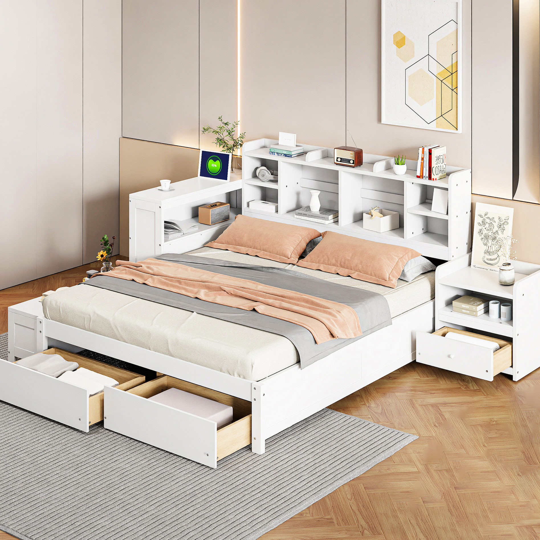 Wooden Platform Bed In White - Full Size With Ample Storage Options ...