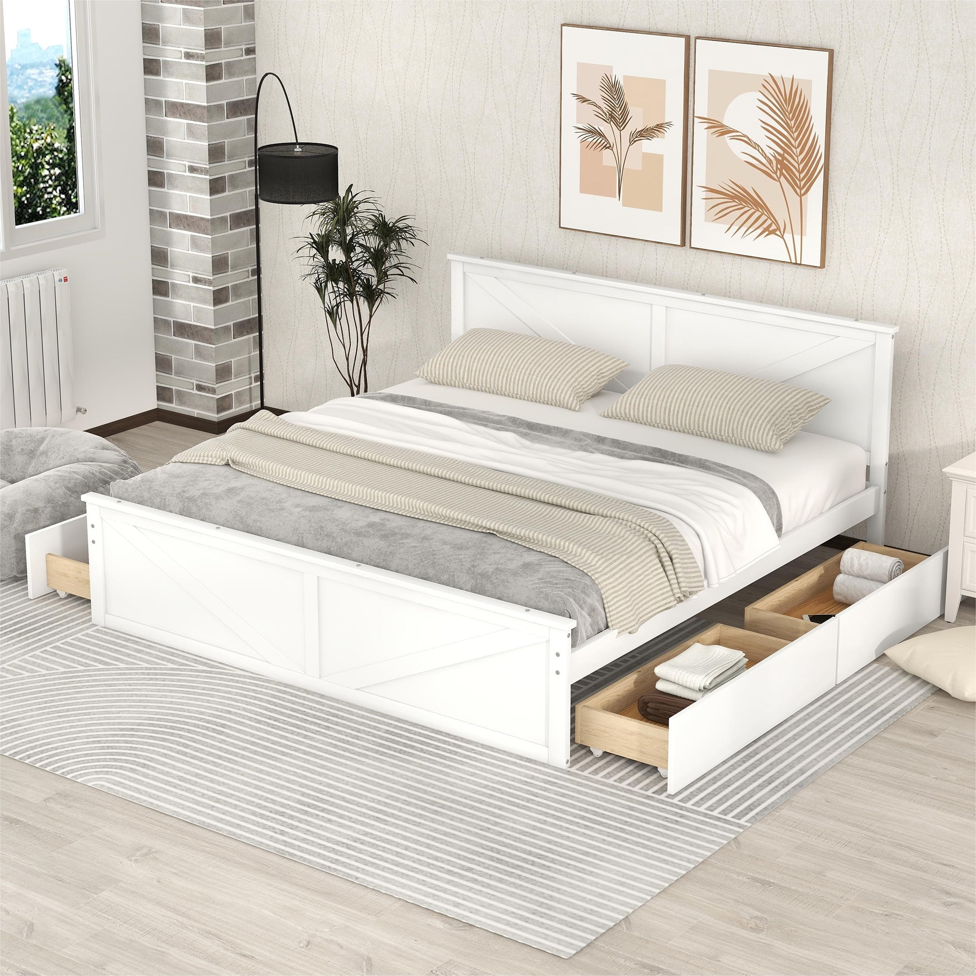 Wooden Platform Bed with 4 Storage Drawers and Support Legs White ...