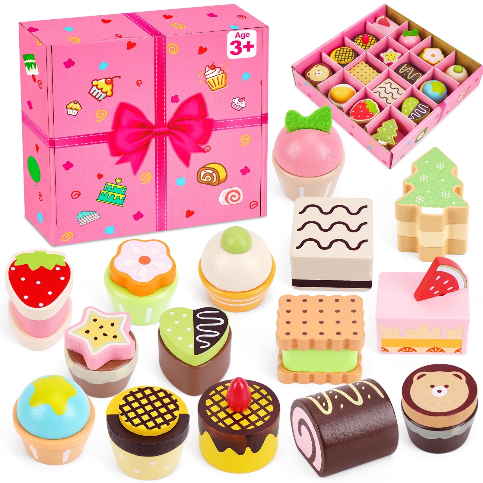 Wooden Play Food Desserts Sets for Kids Kitchen, Pretend Play Toys for ...