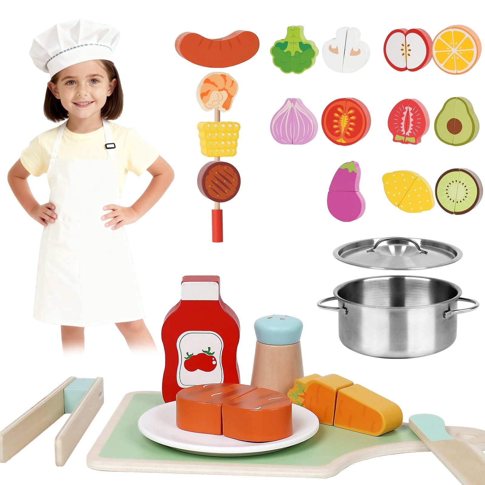 Wooden Play Food Set for Toddlers,Cutting Food for Preschool Activities ...
