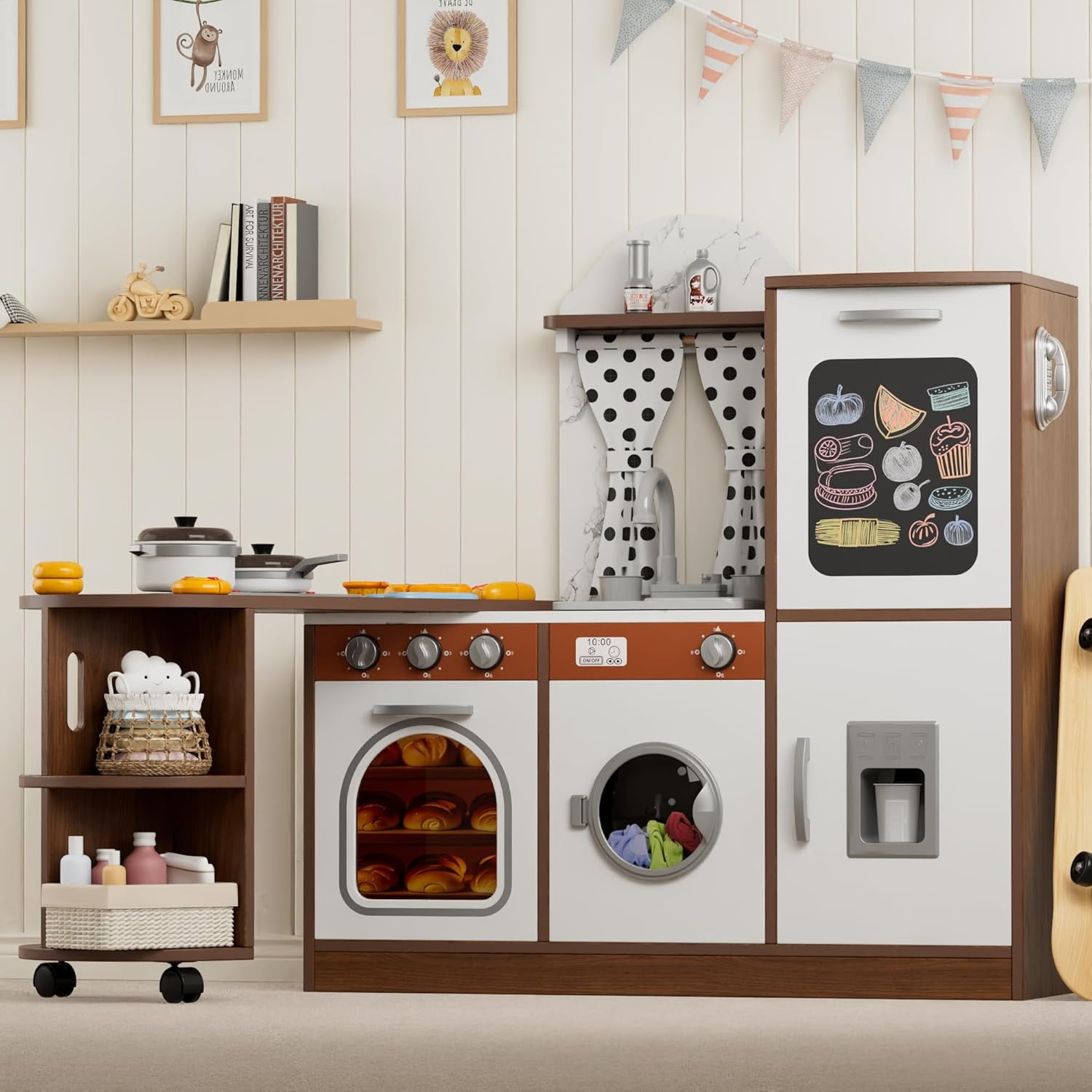 Wooden Play Kitchen with 180 Degree Rotation, Interactive Kids Corner ...