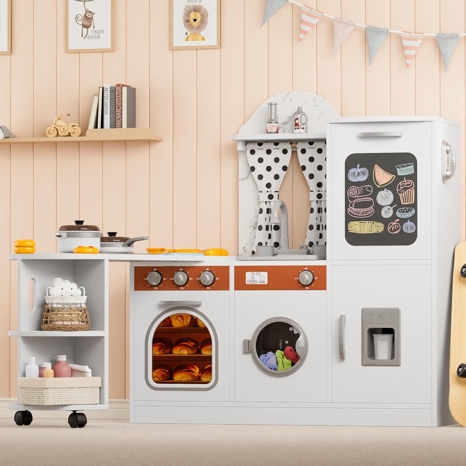 Wooden Play Kitchen with 180 Degree Rotation, Interactive Kids Corner Toy Kitchen Playset with ...