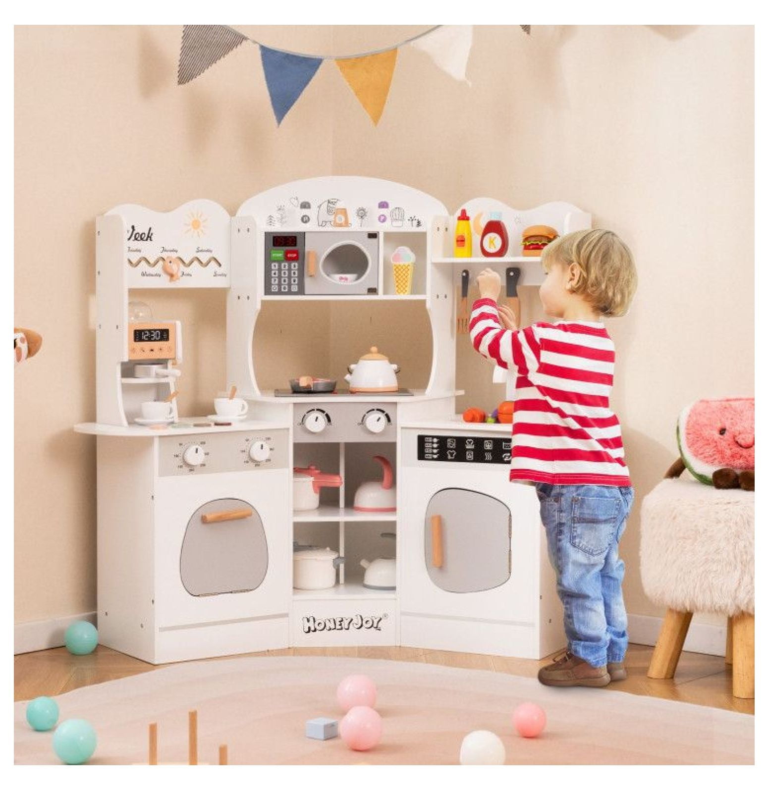 Wooden Play Kitchen for Kids with Coffee Machine & Slide - Corner ...
