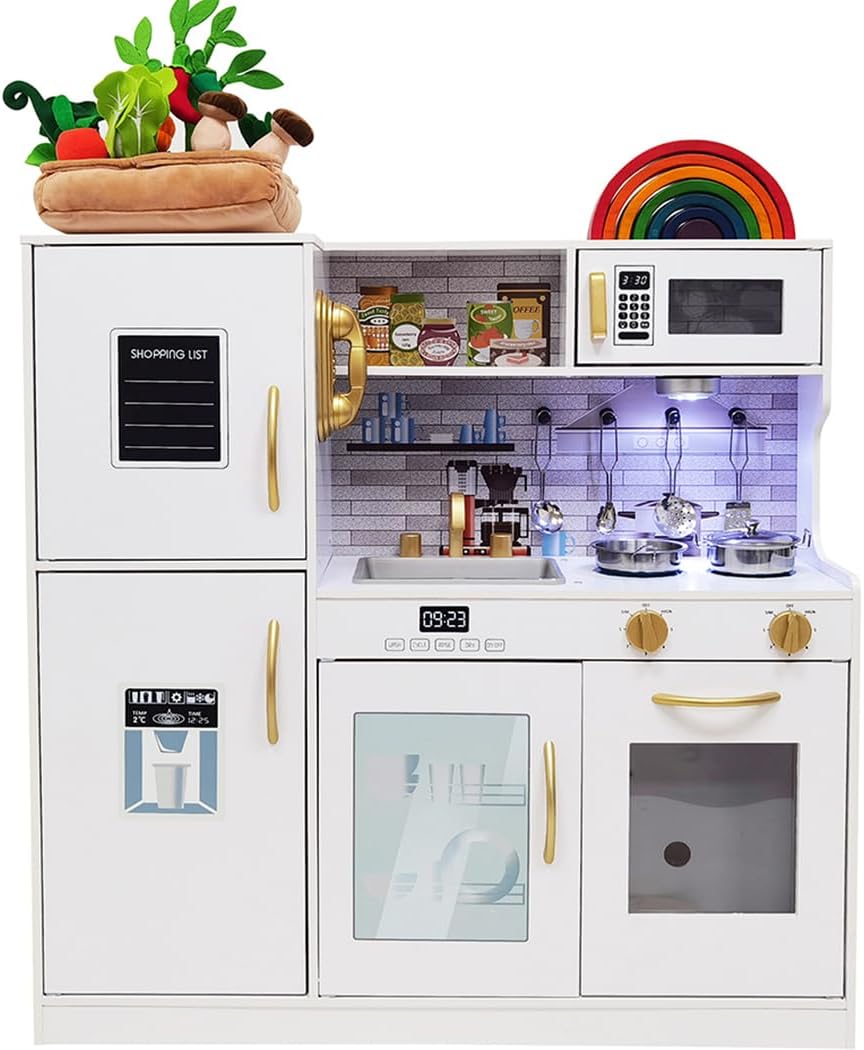 Wooden Play Kitchen Toy Set with Light, Kids Children Pretend Toy ...