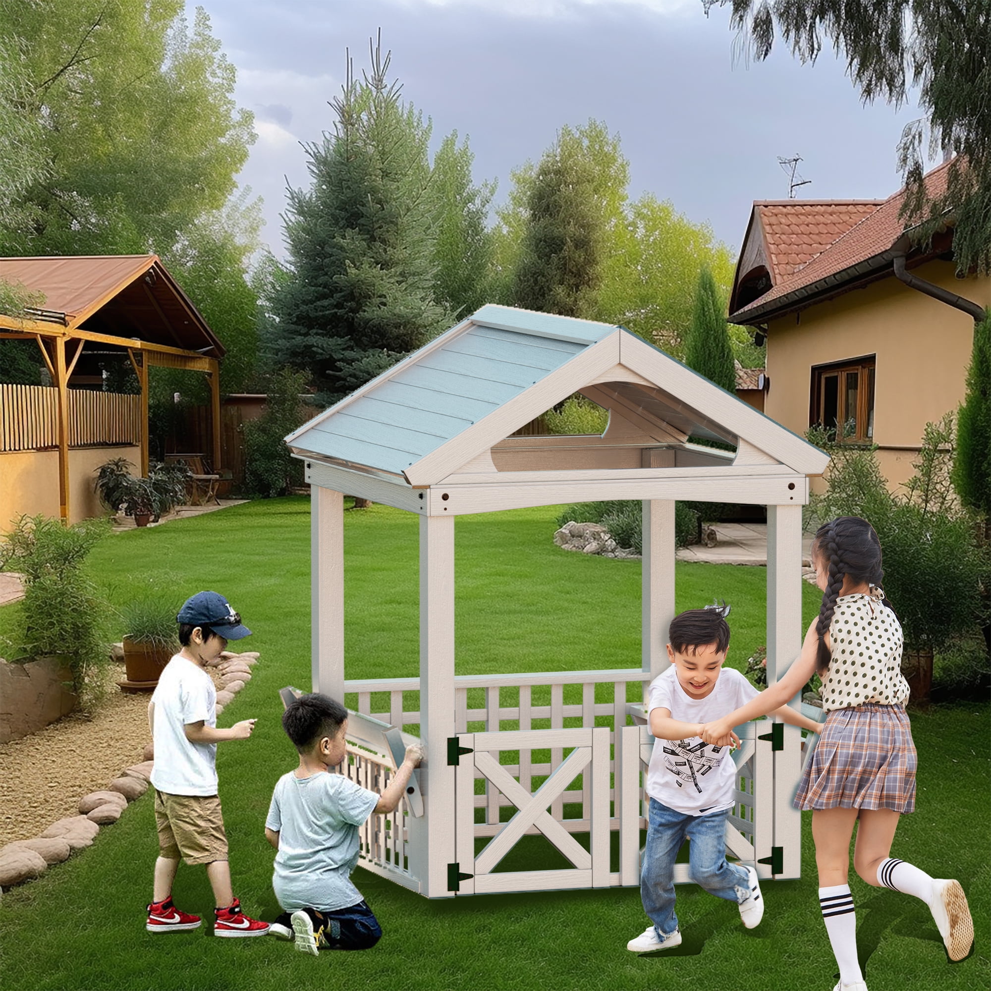 Wooden Playhouse for Kids Aged 5-8, Outdoor Kids Playhouse With 2 Doors ...